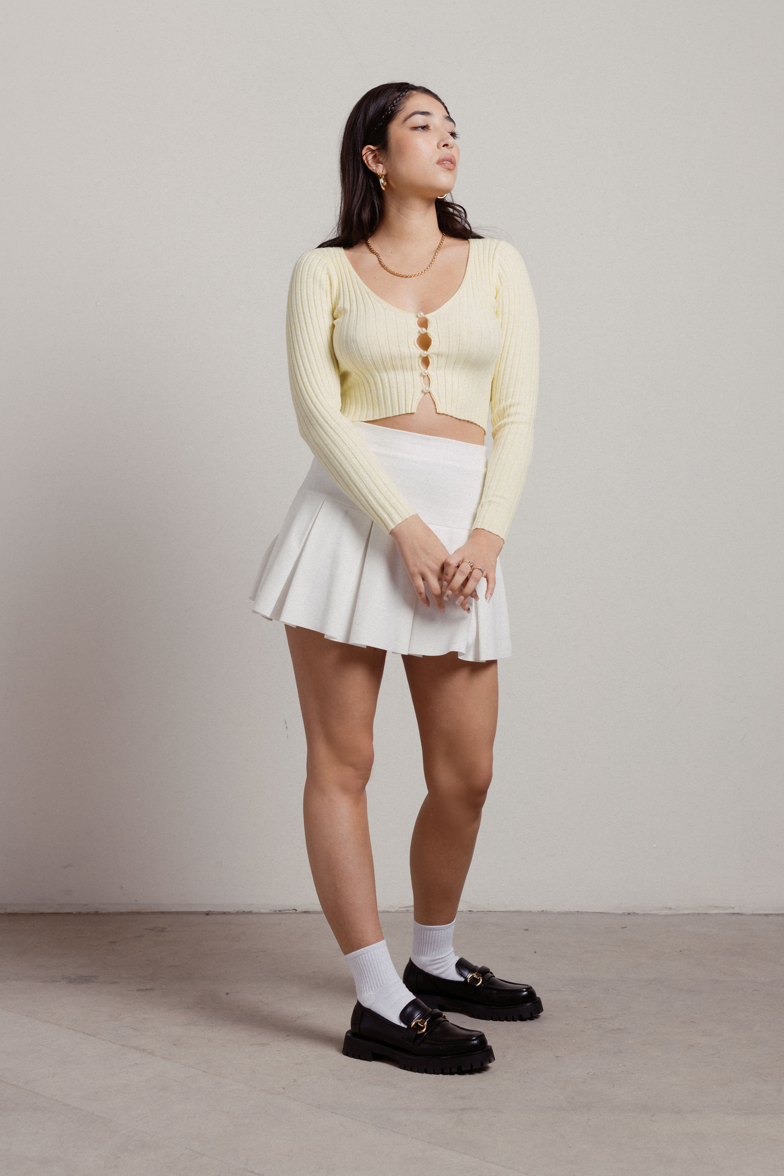 Yellow Cardigan - Pearl Button Cardigan - Yellow Ribbed Cardigan