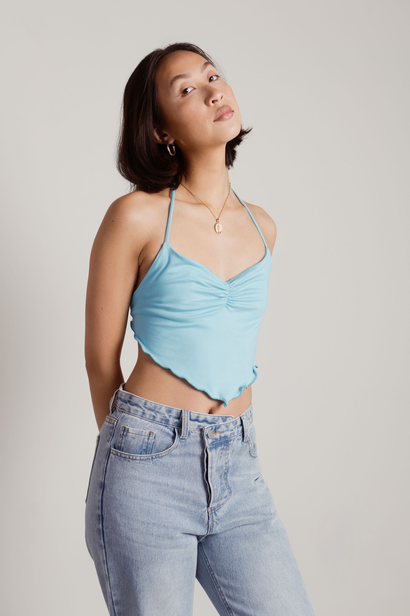 Blue Crop Top - Runched Halter Crop Top - Aqua Blue Scarf Crop Top