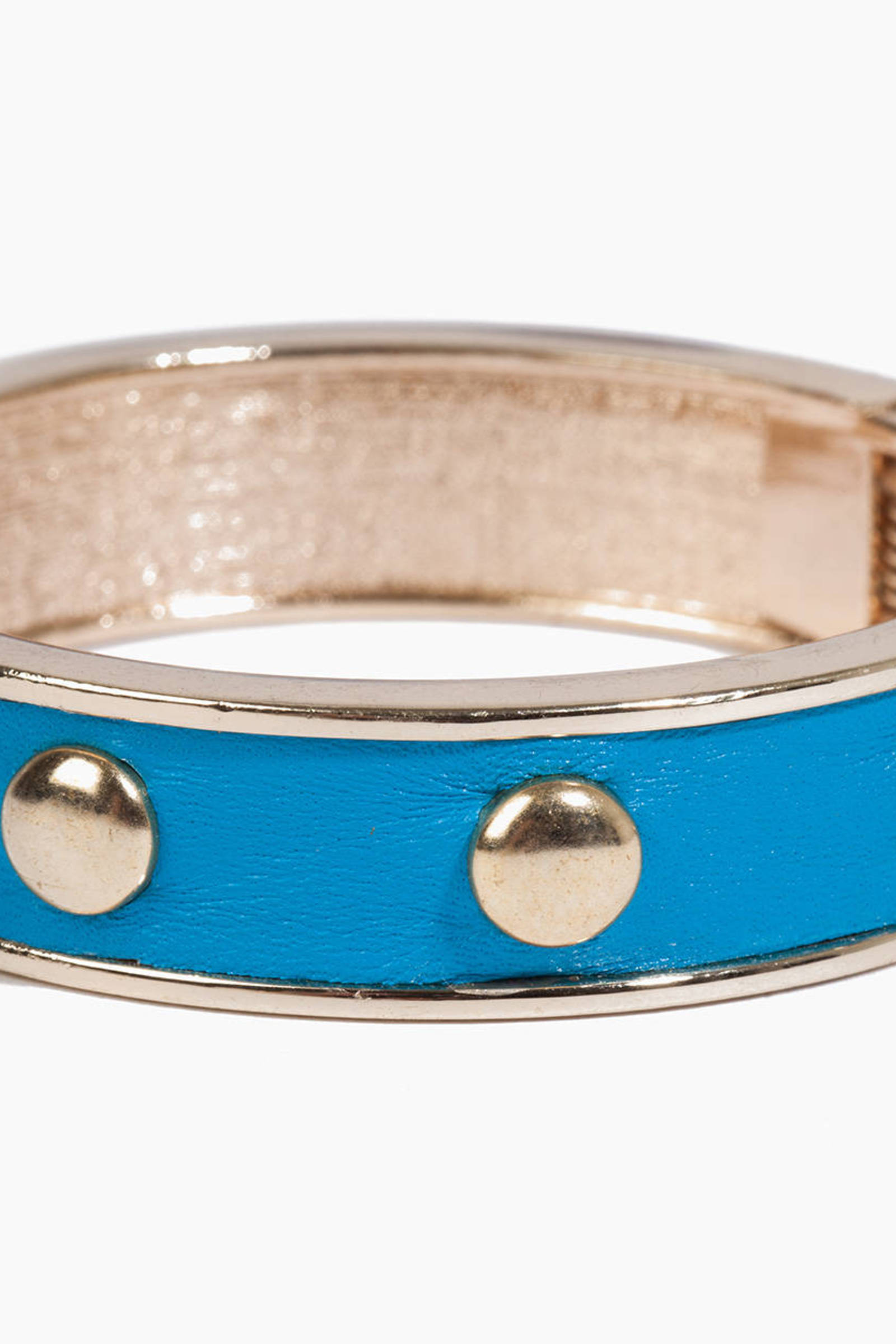 Aqua Studded Bangle - Blue Leather Bangle - Gold Trim Bangle