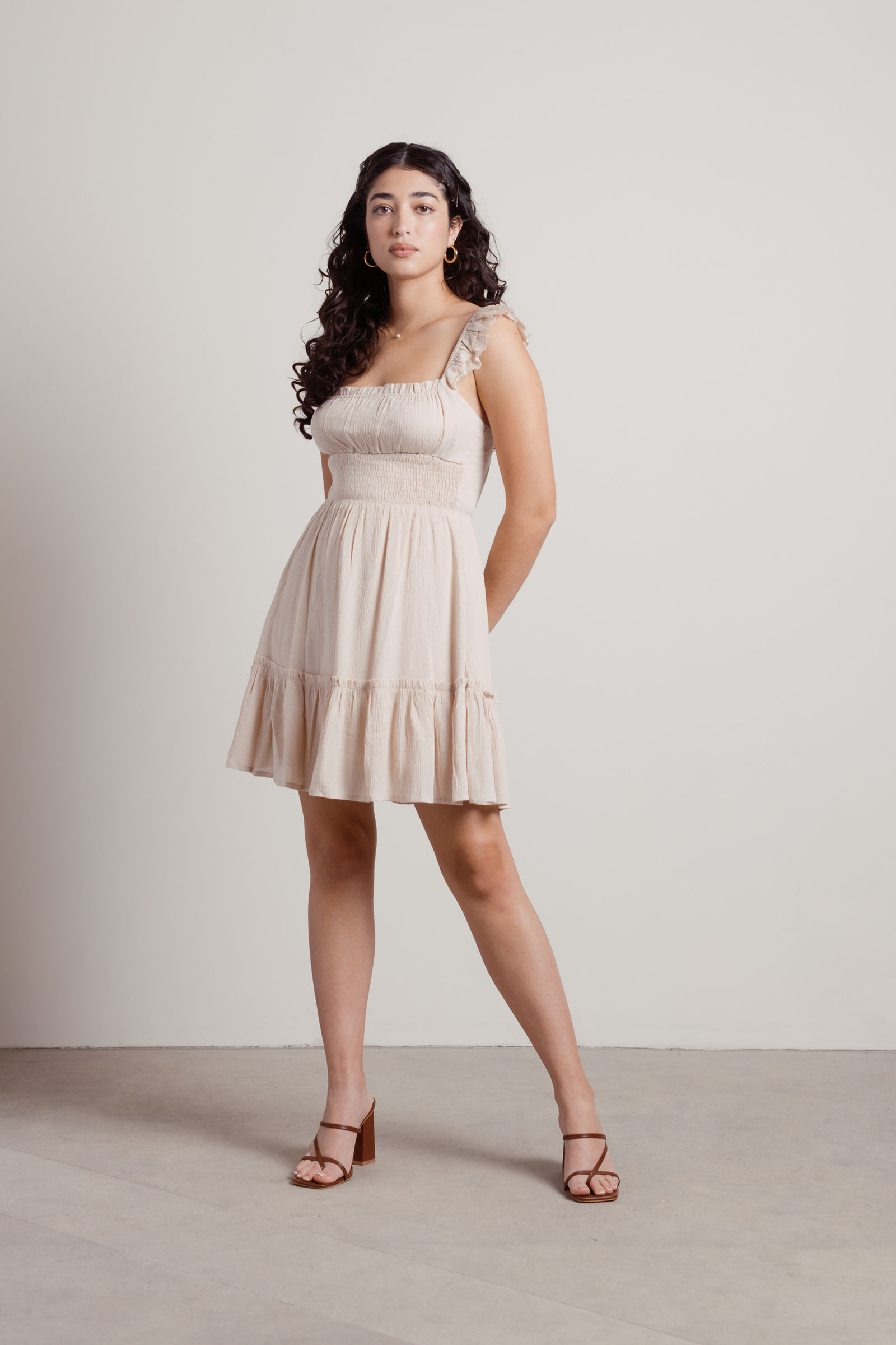 Beige Dress - Cute Smocked Dress - Raw Edge Dress