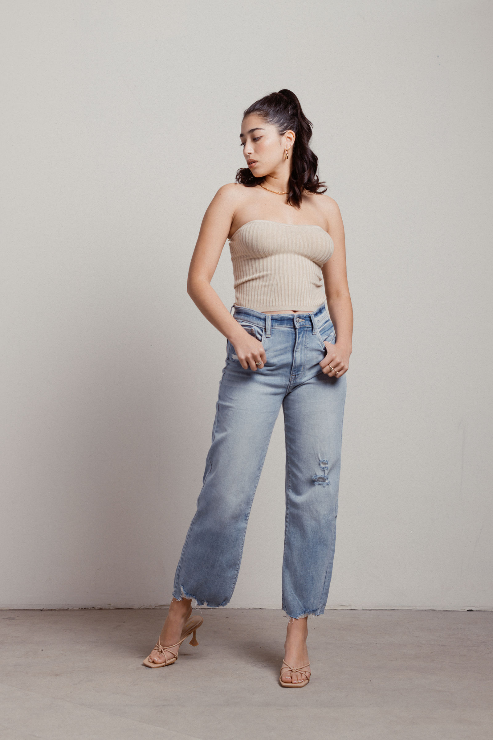 Beige Tube Top - Ribbed Crop Top - Jersey Knit Top