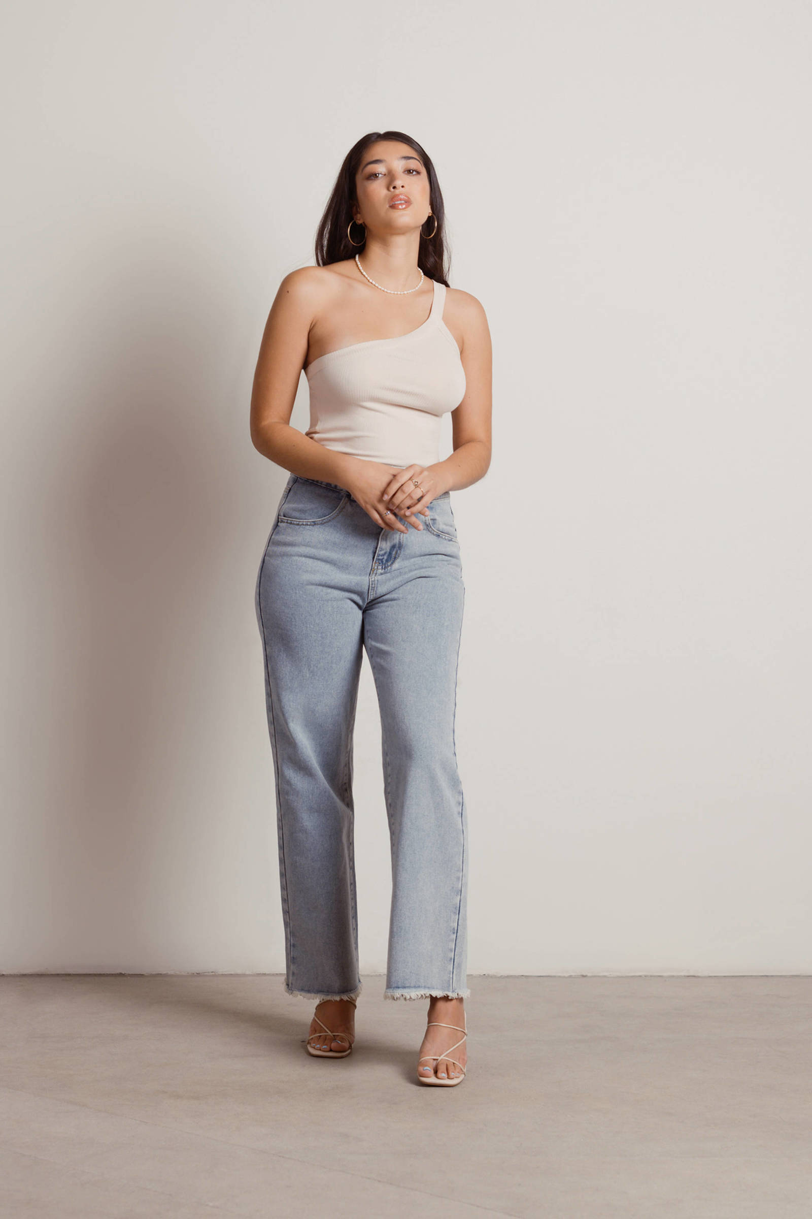 White Crop Top - One Shoulder Crop Top - Beige Ribbed Crop Top