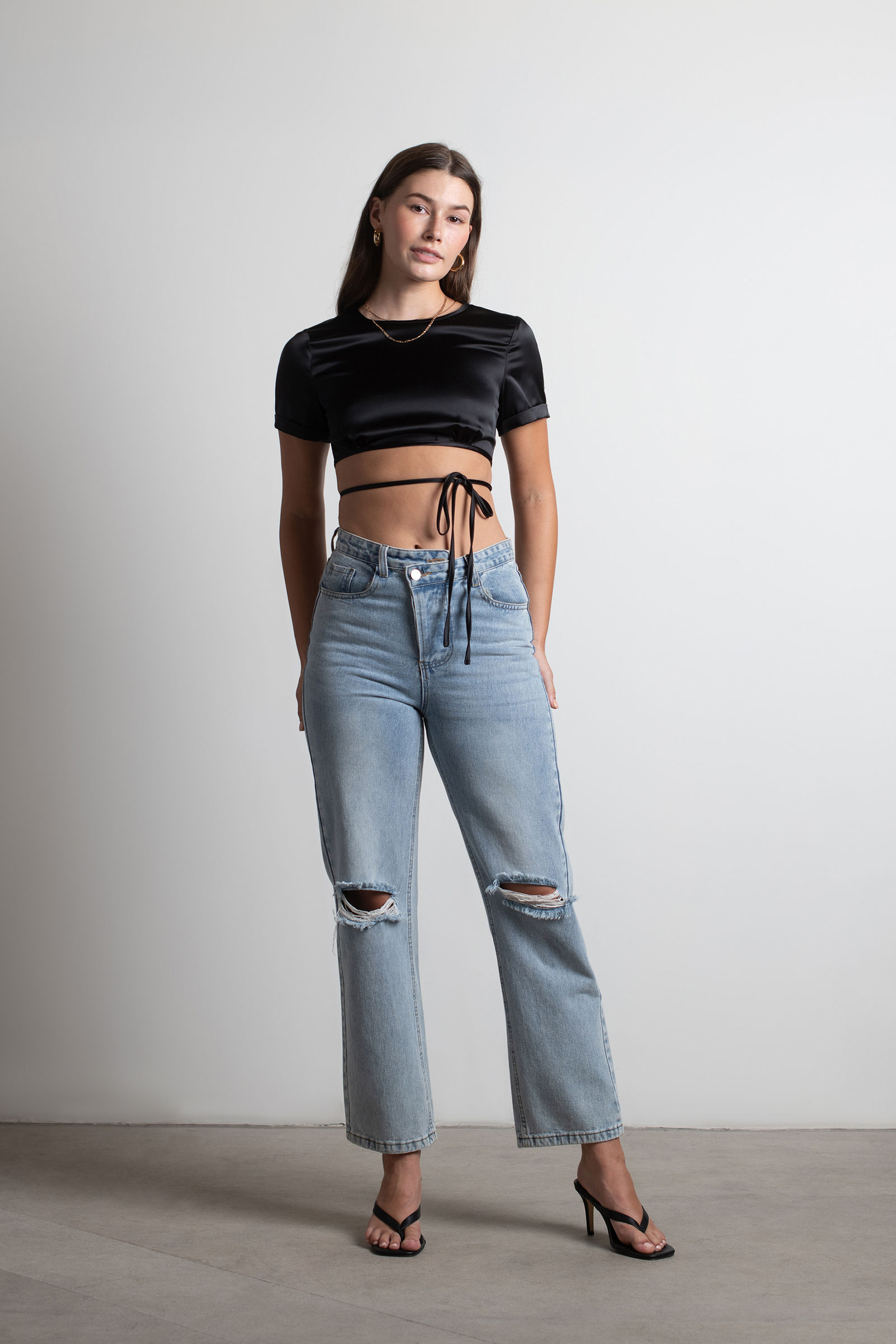 Pink Crop Top - Satin Crop Top With Cuffed Sleeves - Back Cut Out Crop Top