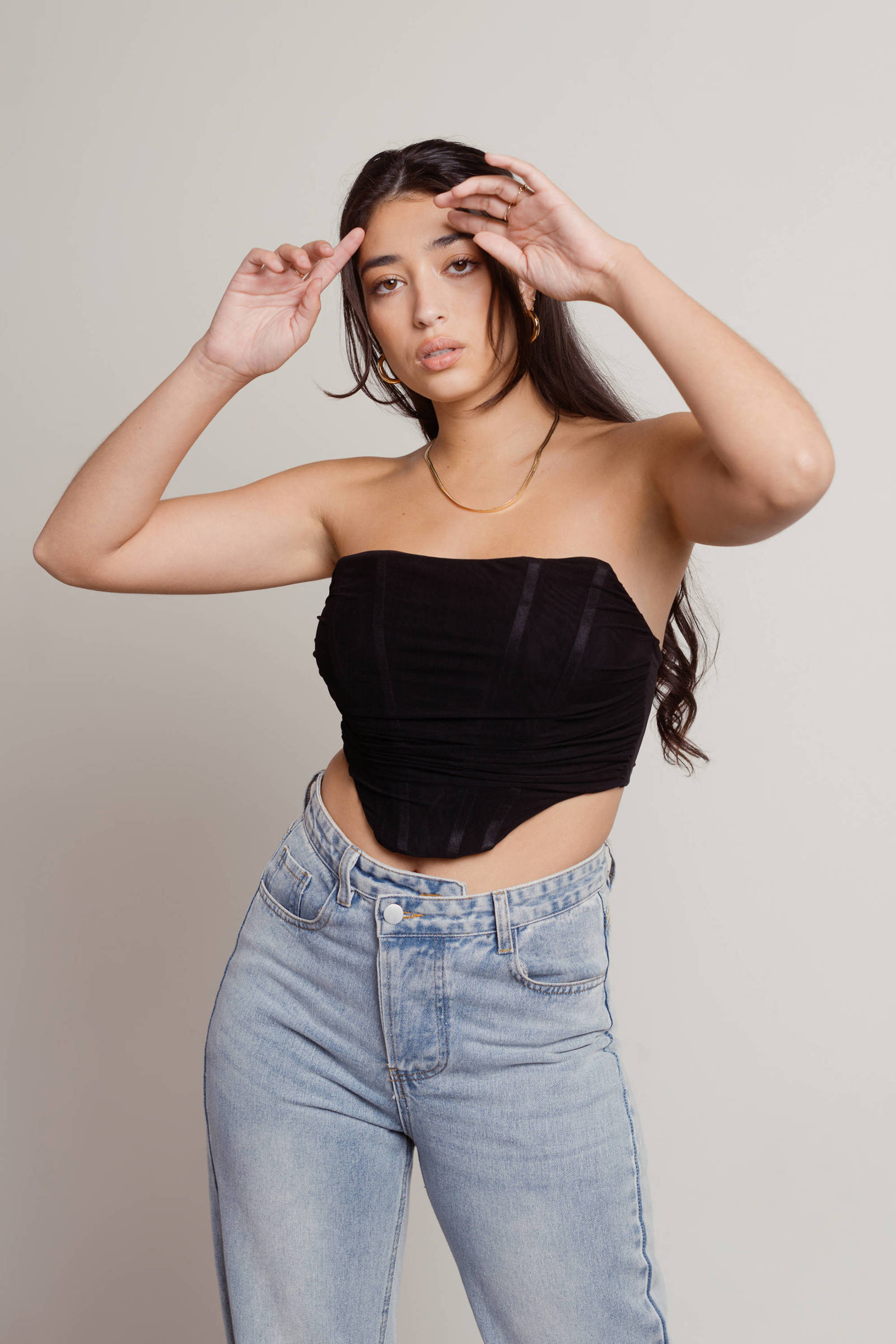 Black Crop Top - Mesh Gathered Strapless Crop Top - Bustier Corset Crop Top