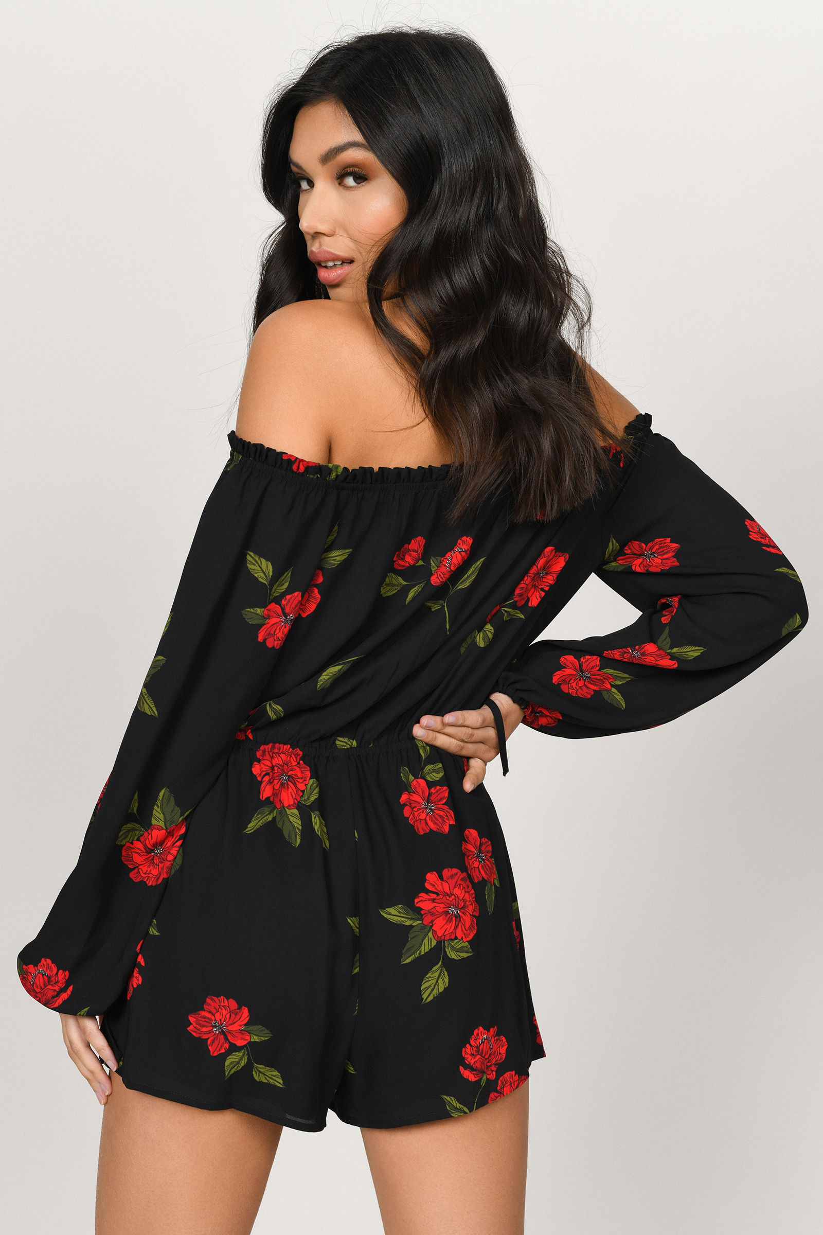 Black Romper - Off Shoulder Romper - Black Floral Romper