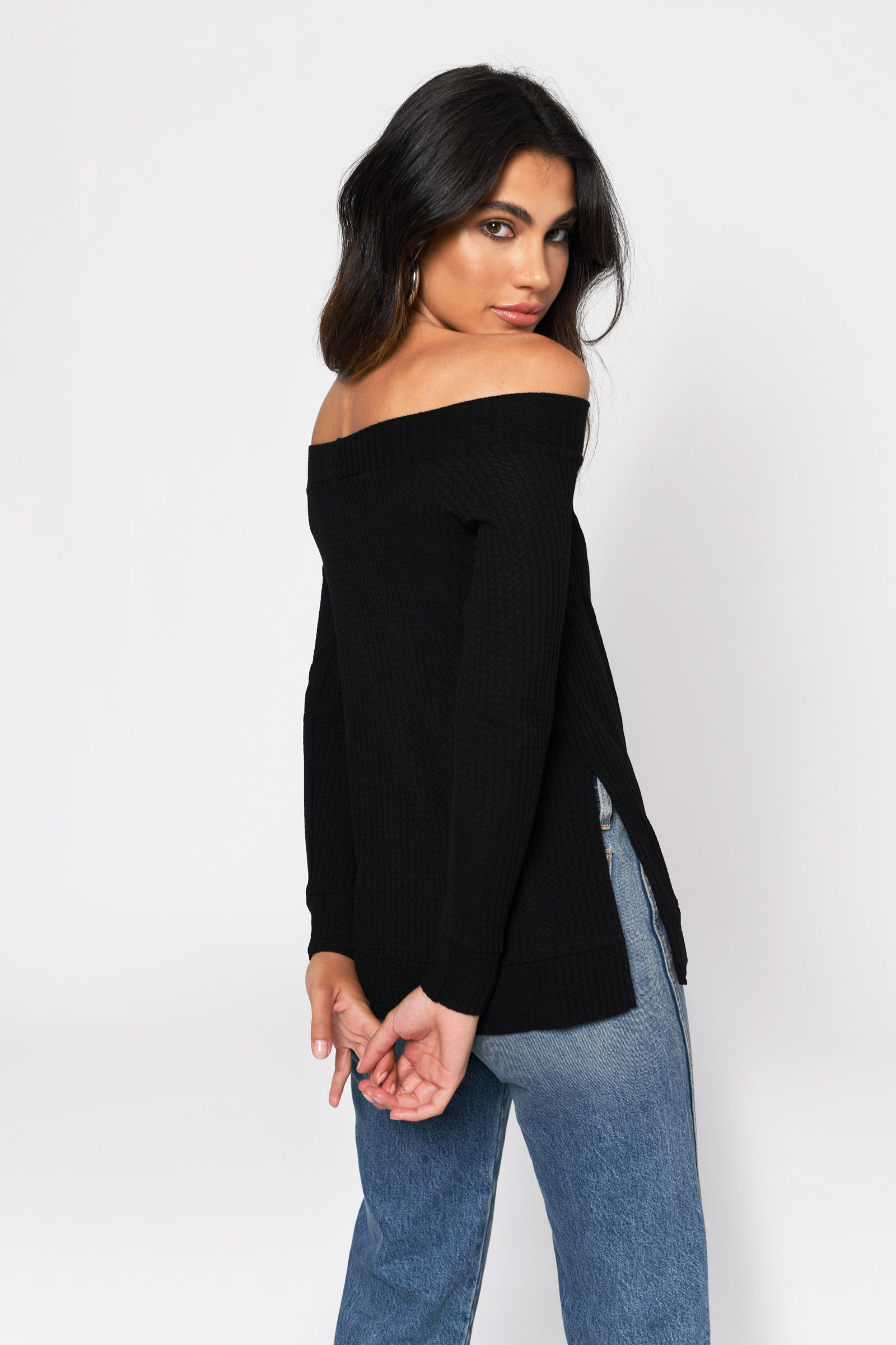Black Tee - Off Shoulder Black Top - Black Side Split Top