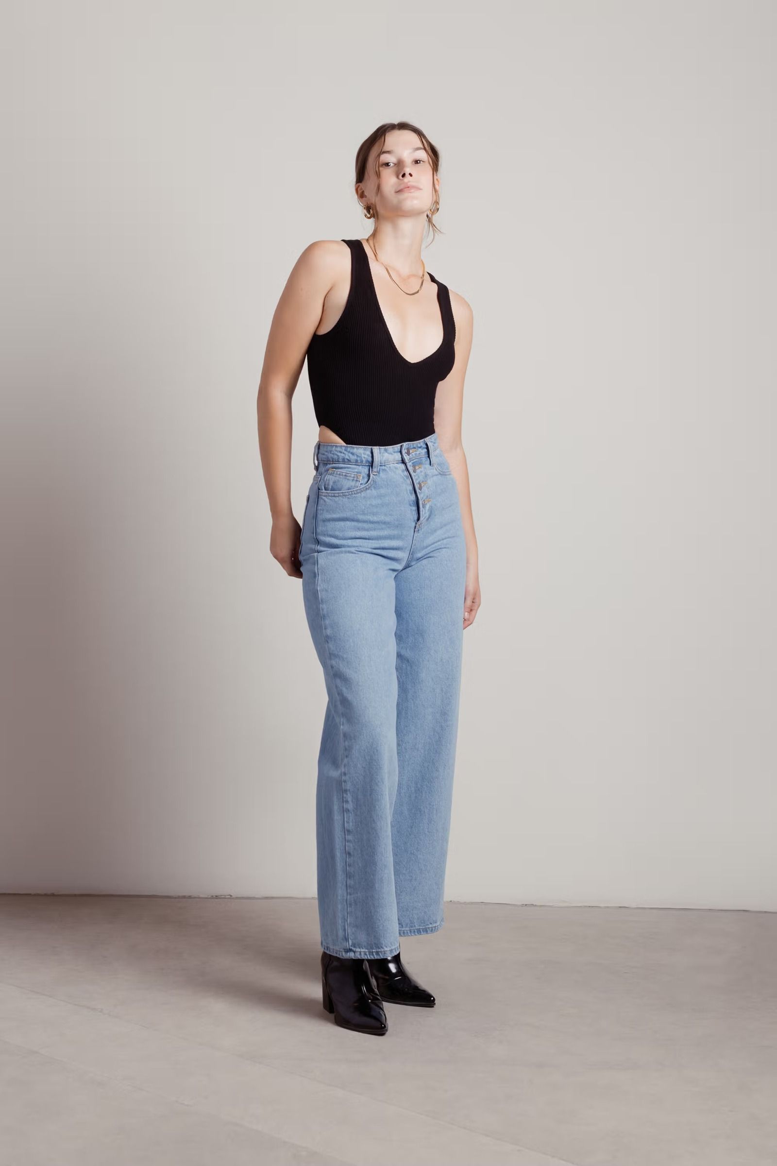 Black Bodysuit - High Side Cutout Bodysuit - Ribbed Ribbed Bodysuit