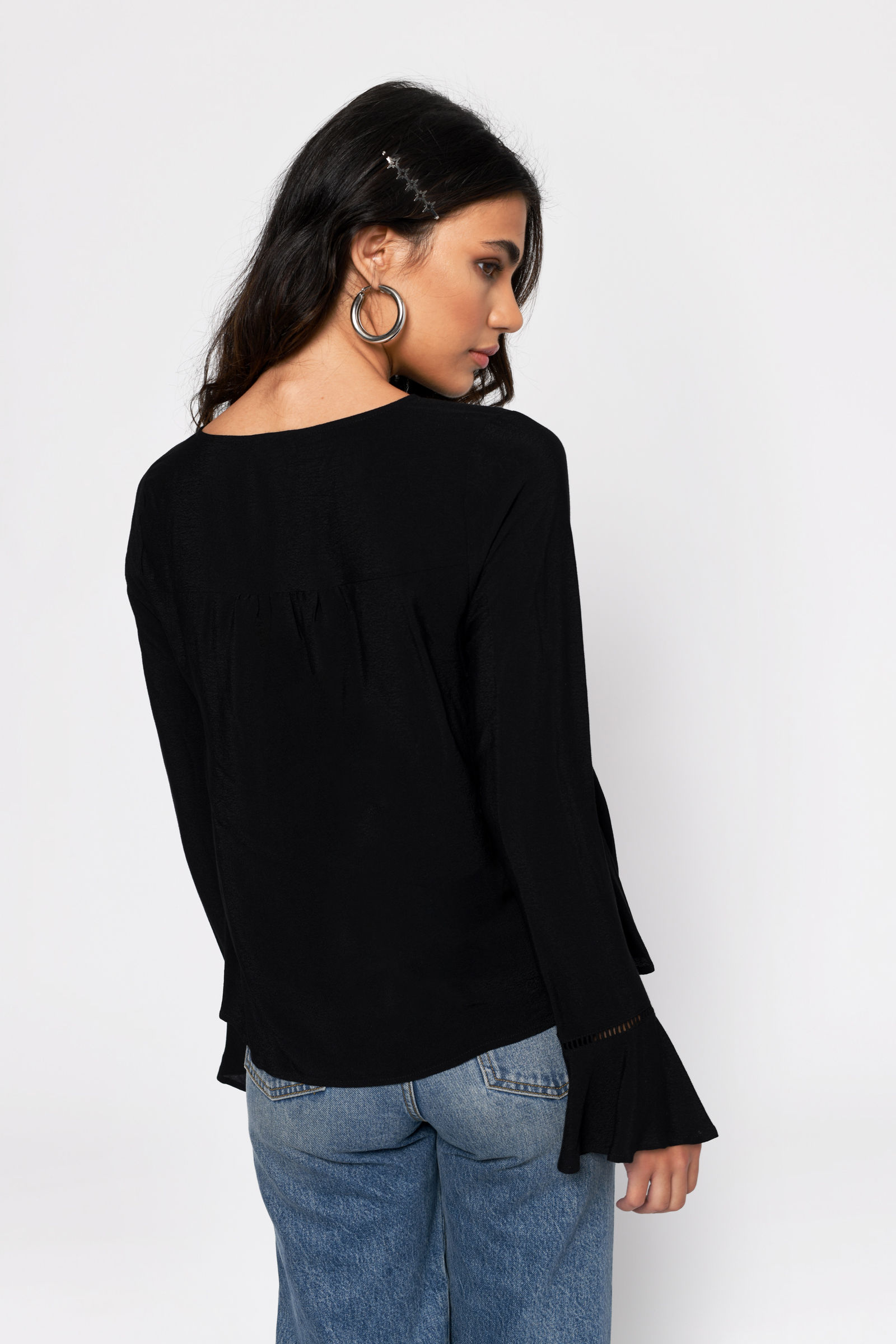 Black Top - Lace Up Top With Long Sleeves - Ruffle Top