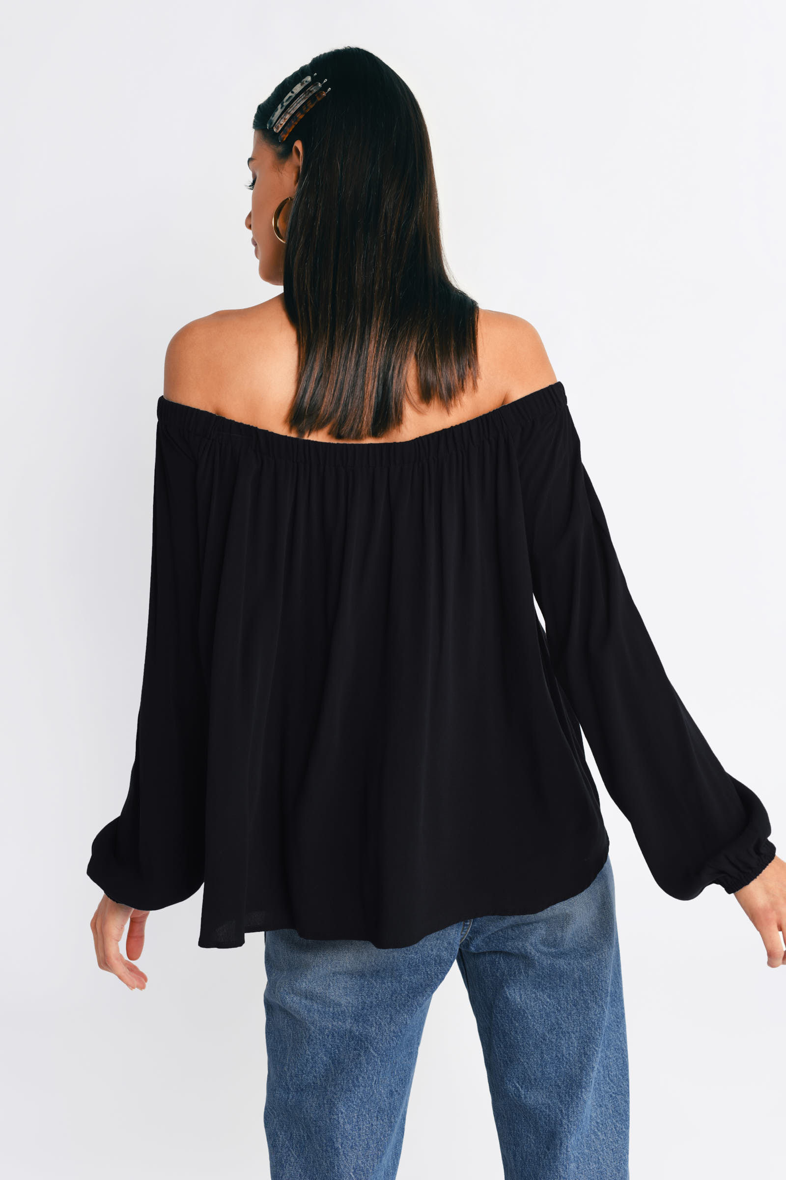 Boho Black Blouse - Off Shoulder Blouse - Black Long Sleeve Blouse