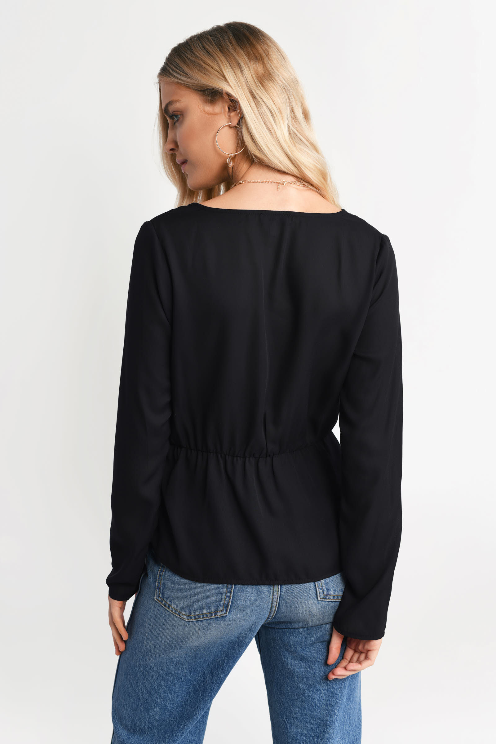 Pretty Black Blouse - Long Sleeve Blouse - Black Front Twist Blouse