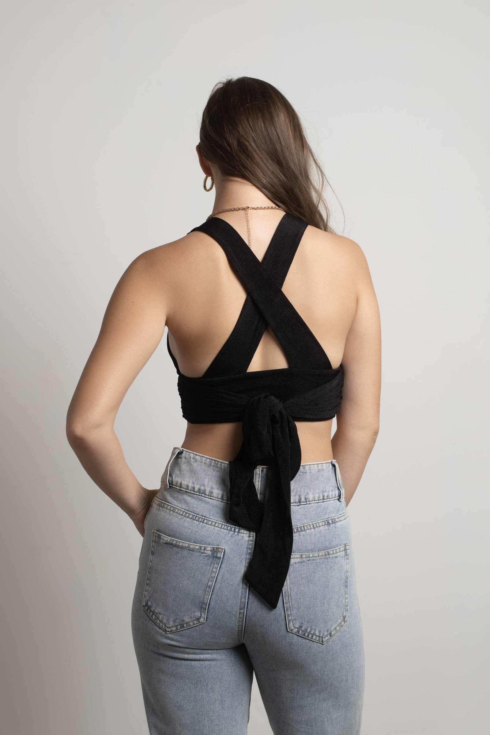 Black Crop Top - V-Neckline Crop Top - Wrap Tie Crop Top