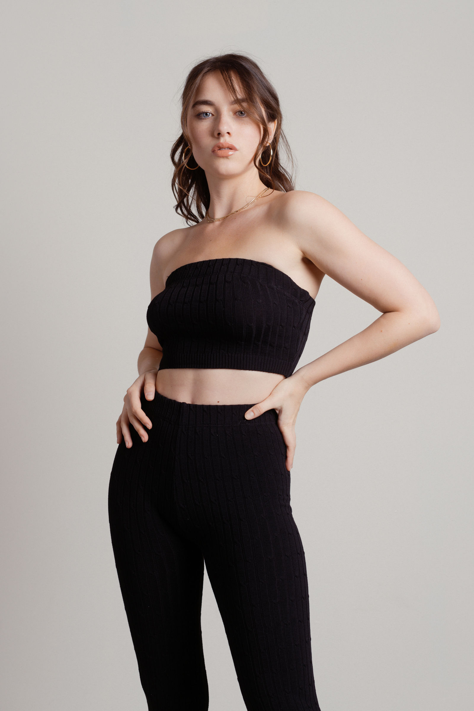 Black 2 Piece Set - Ribbed Strapless Tube Top - High Waisted Skinny Pants