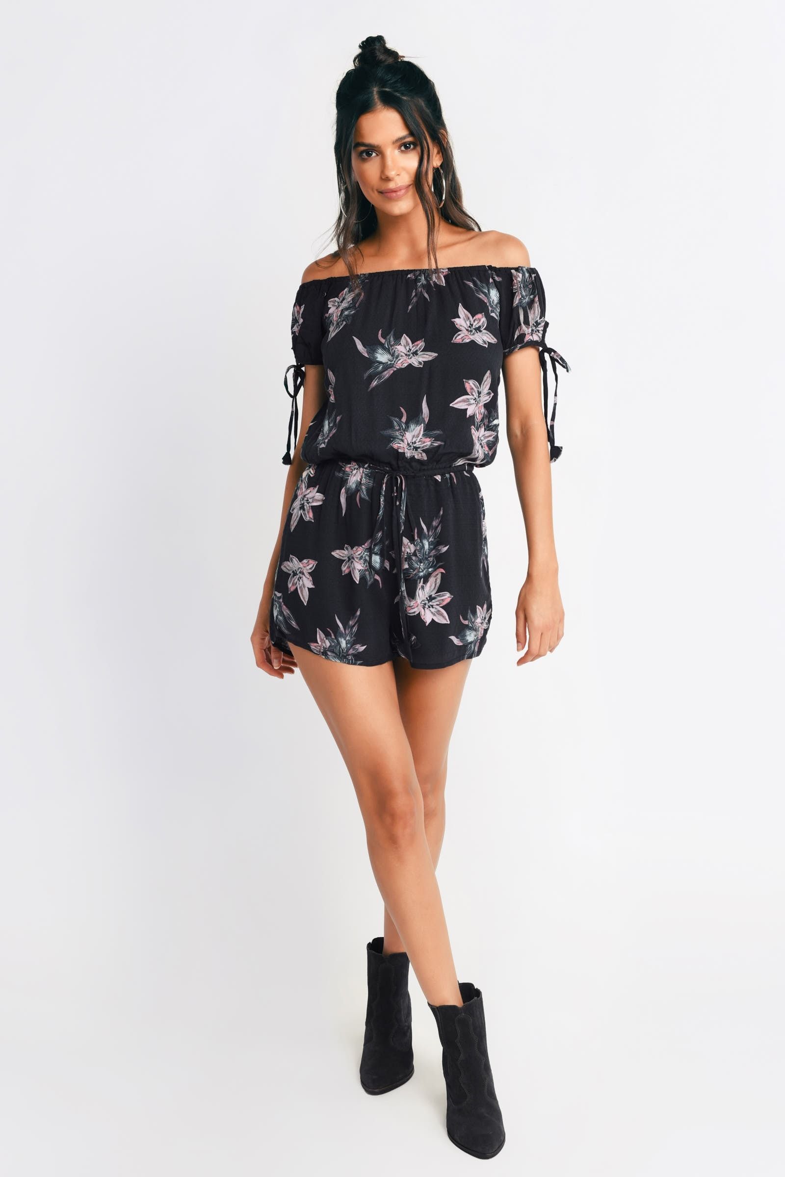 Black Floral Romper - Off Shoulder Waist Tie Romper - Short Sleeve Romper
