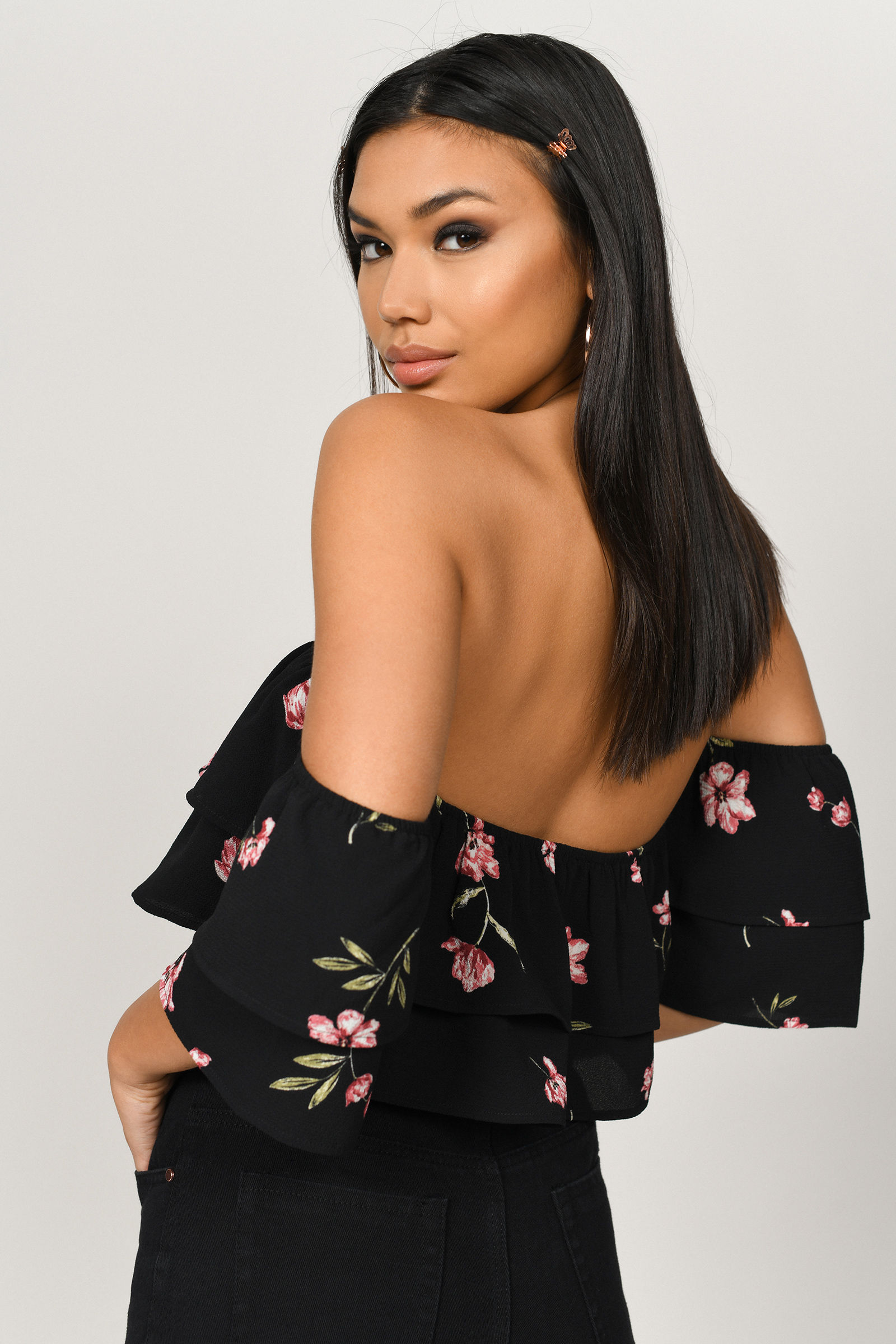 Black Crop Top - Multi Floral Print Crop Top - Cold Shoulder Ruffles ...