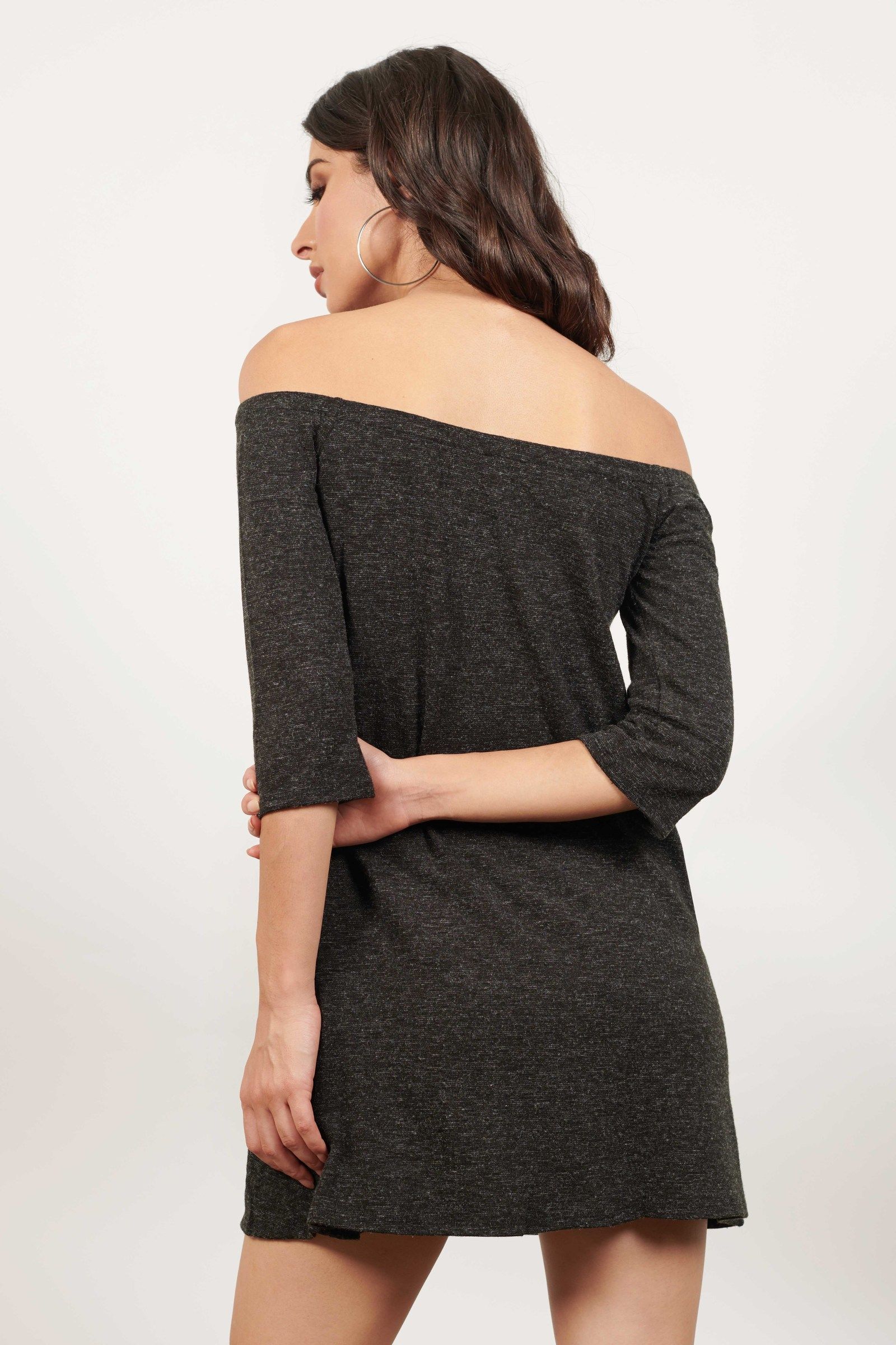 Black Mini Dress - Off Shoulder Shift Knit Dress - Chic Bardot Neckline ...