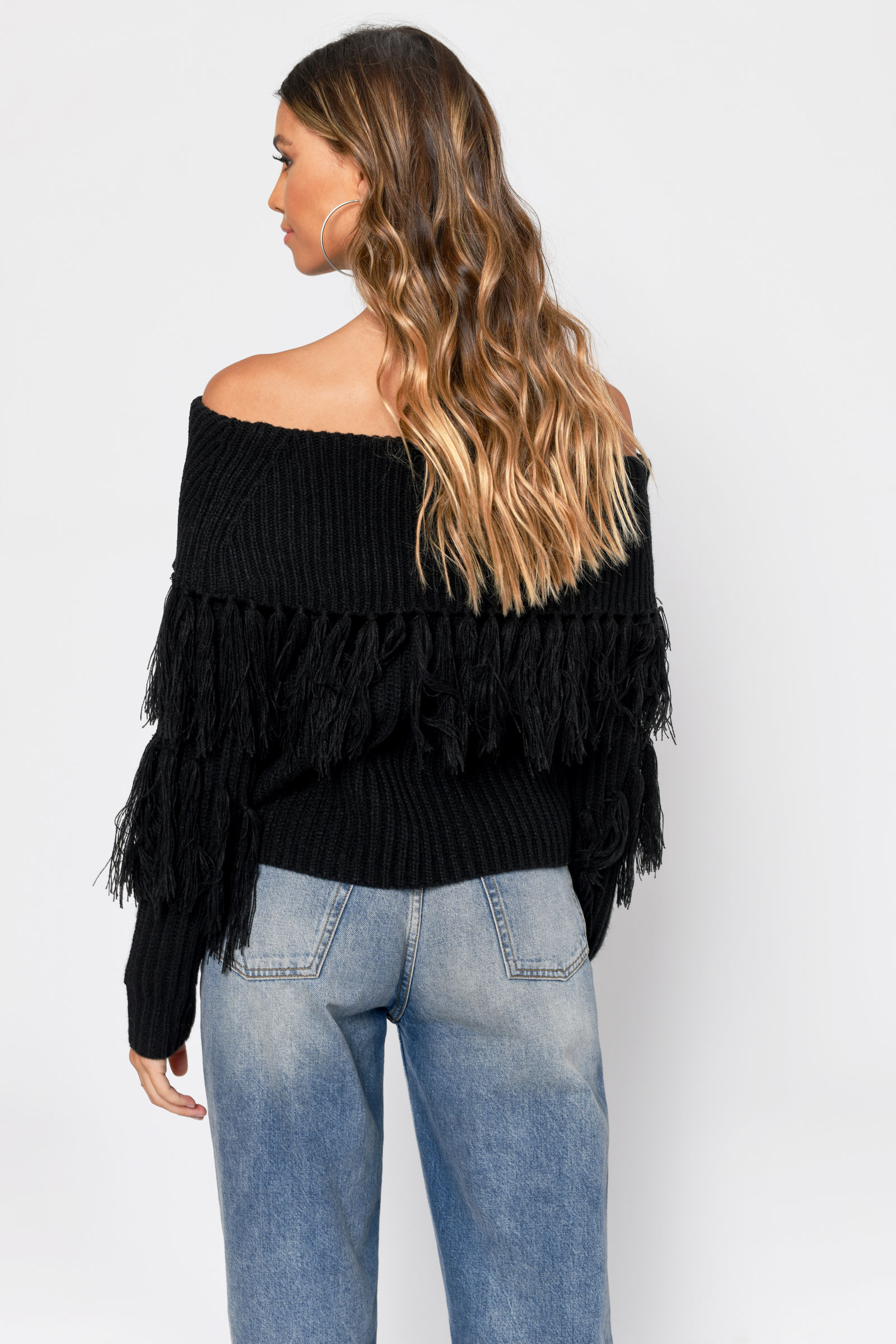 Black Sweater - Off Shoulder Sweater - Neckline Foldover With Fringe ...