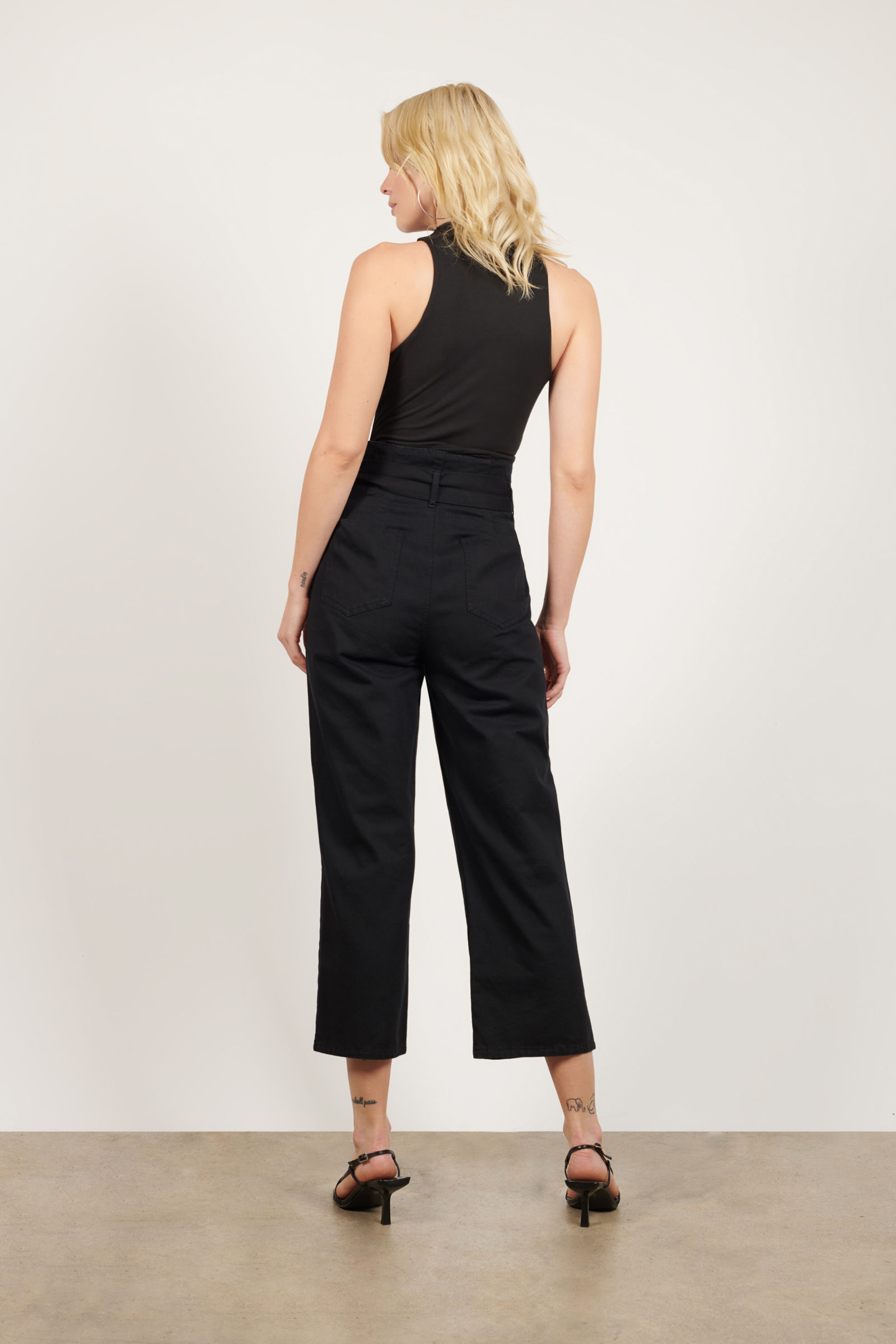 Black Pants - Cropped Wide Leg Pants - Pants With Waist Tie