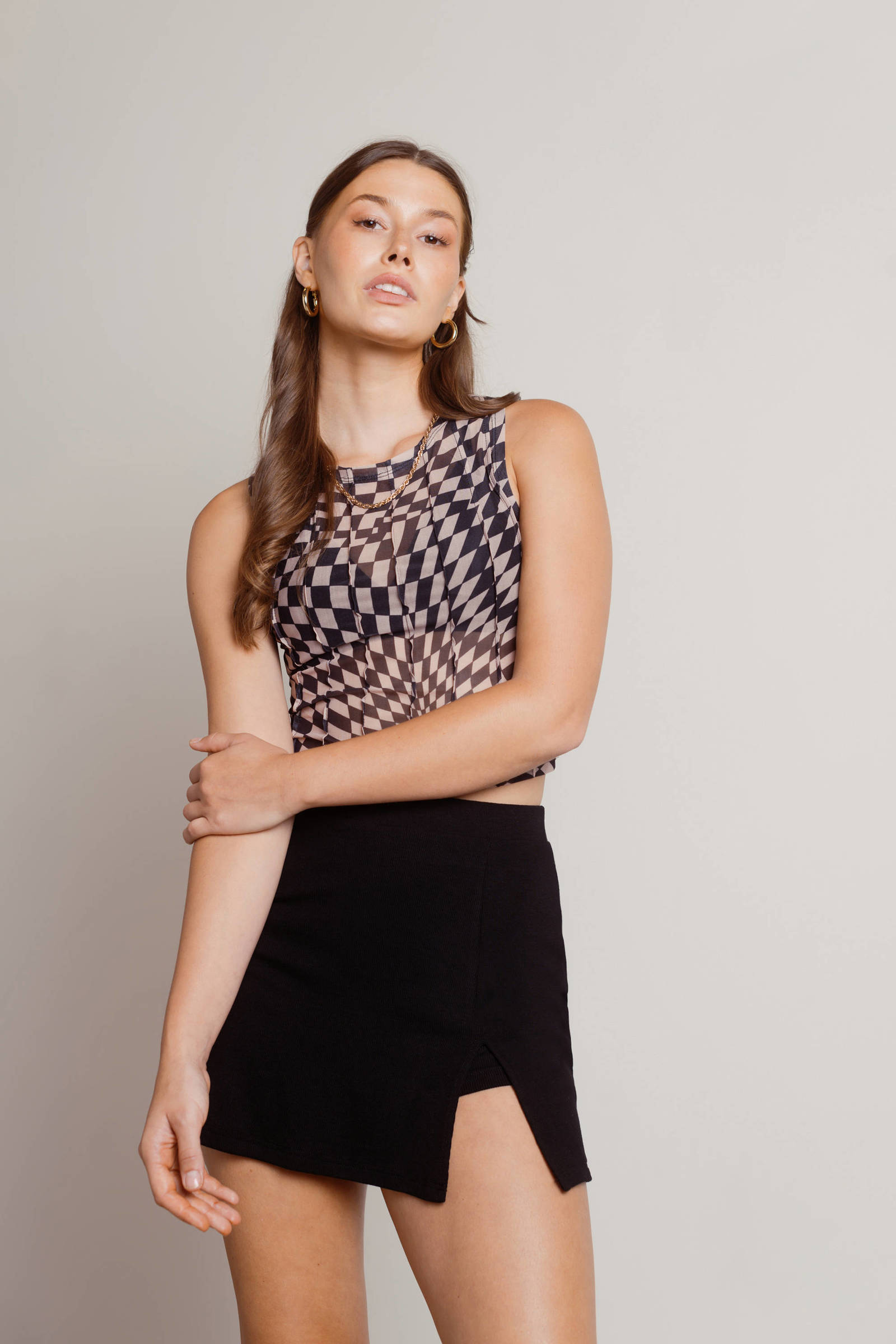 Brown Checkered Tank Top - Sheer Mesh Tank Top - Exposed Seam Top