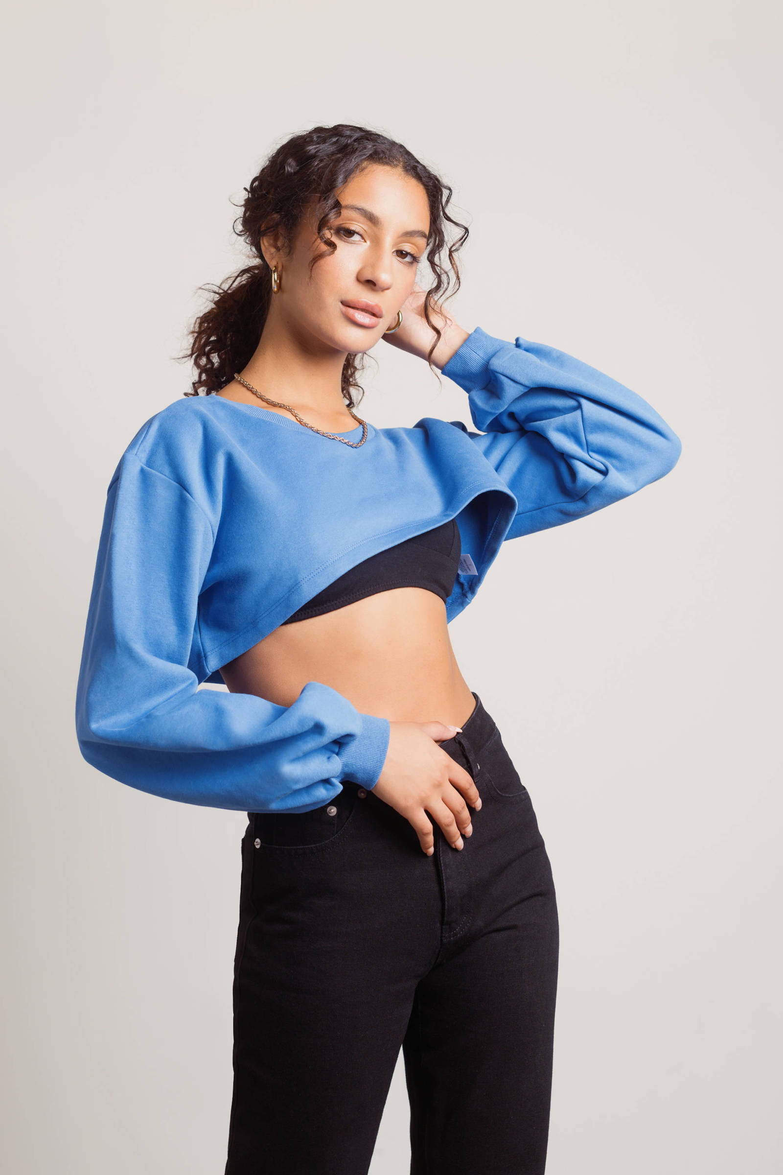 Blue Crewneck Sweater - Blue Crop Sweater - Slouchy Top