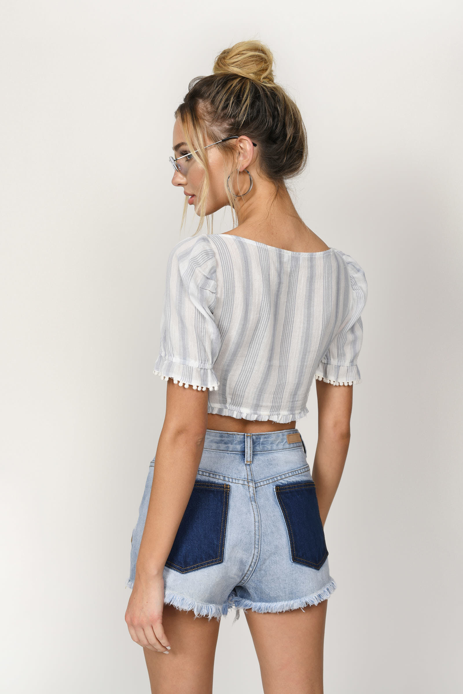 Blue Crop Top - Front Lace Up Crop Top - Short Sleeves Striped Crop Top