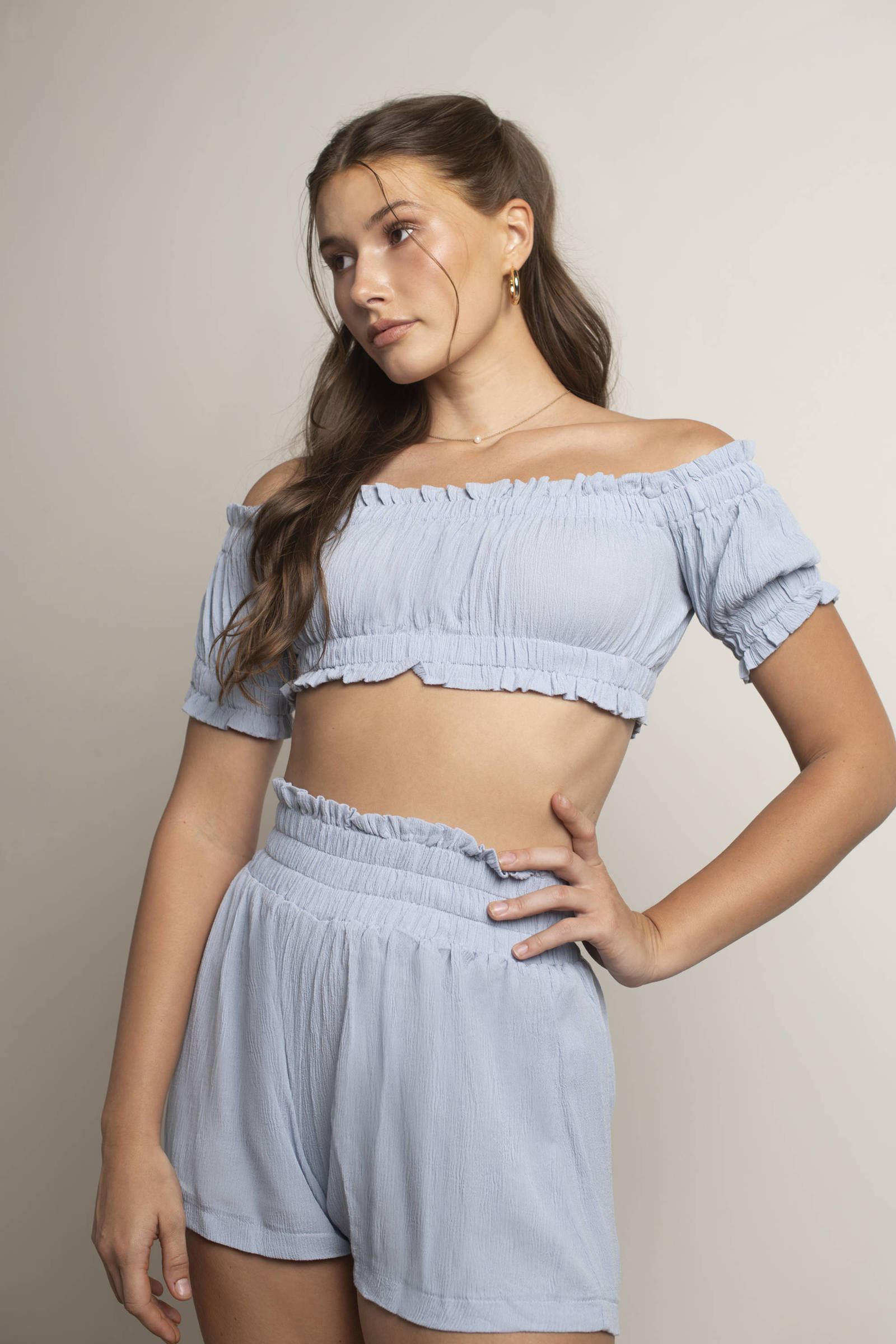 Light Blue 2-Piece Set - Off Shoulder Top - Blue Shorts
