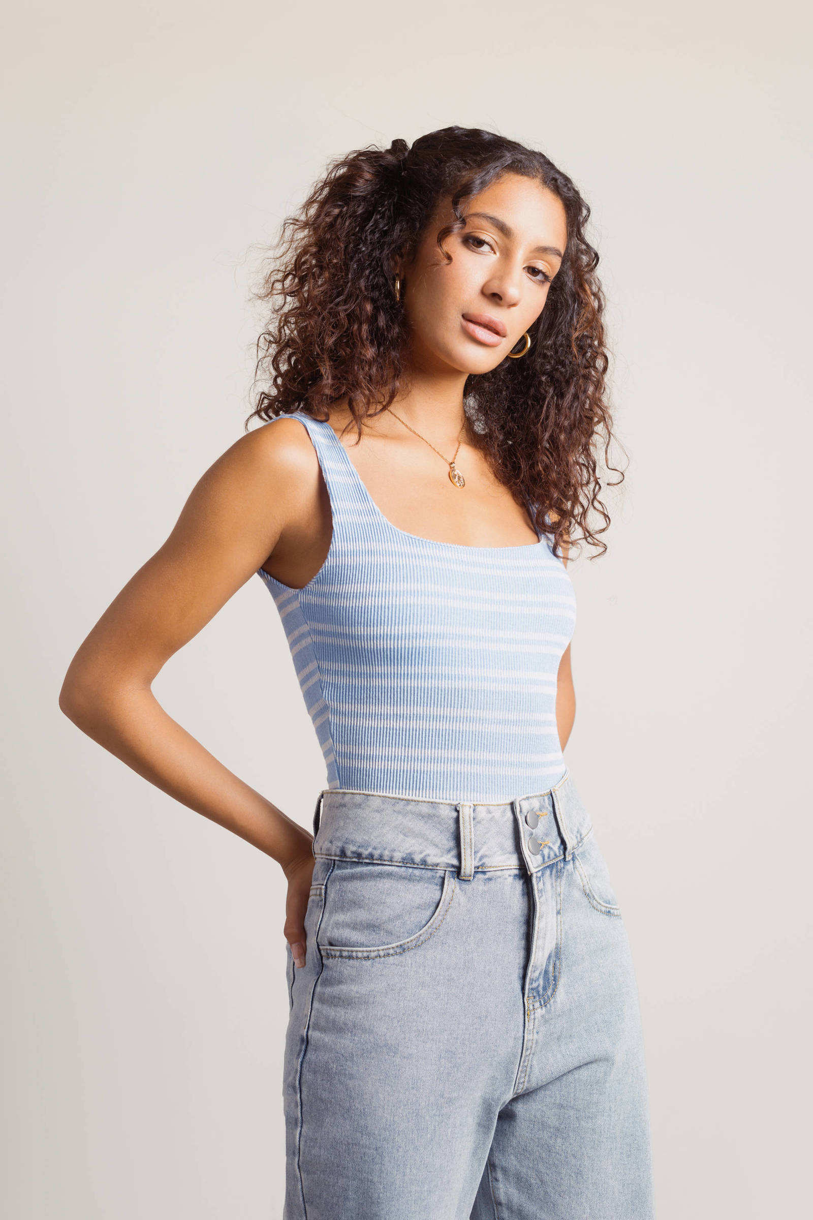 Blue Square Neck Bodysuit - Striped Bodysuit - Ribbed