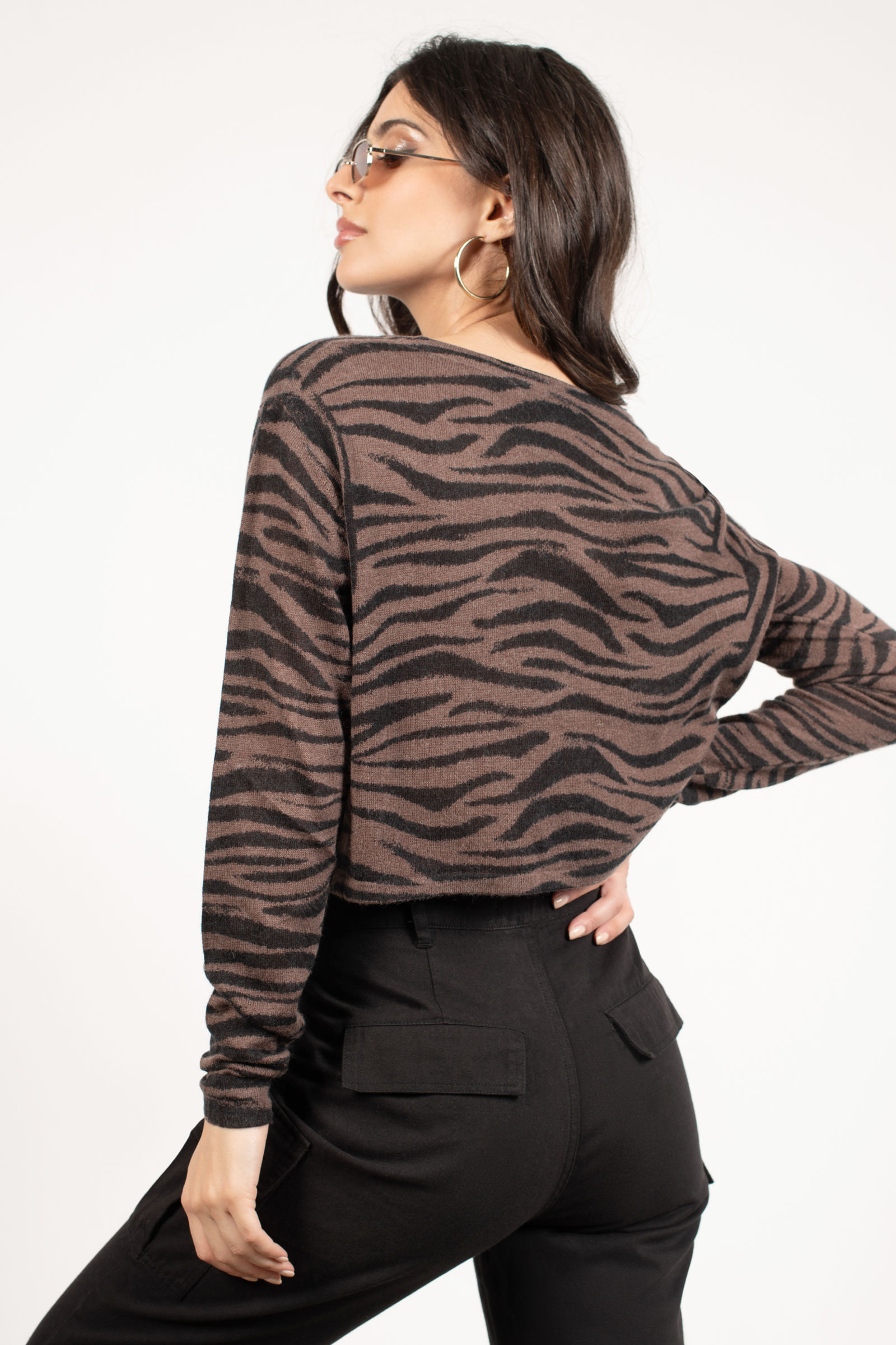 Brown Zebra Print Top - Cropped Sweater Top - Long Sleeve Top