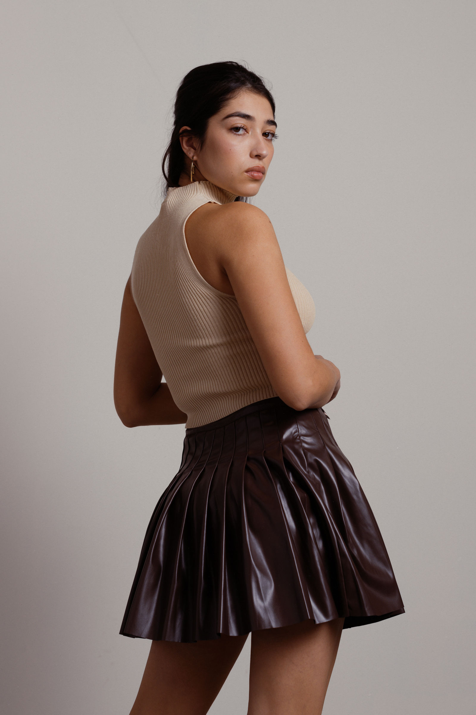 Brown Mini Skirt - Pleather Pleated Skirt - D-Ring Detail Skirt