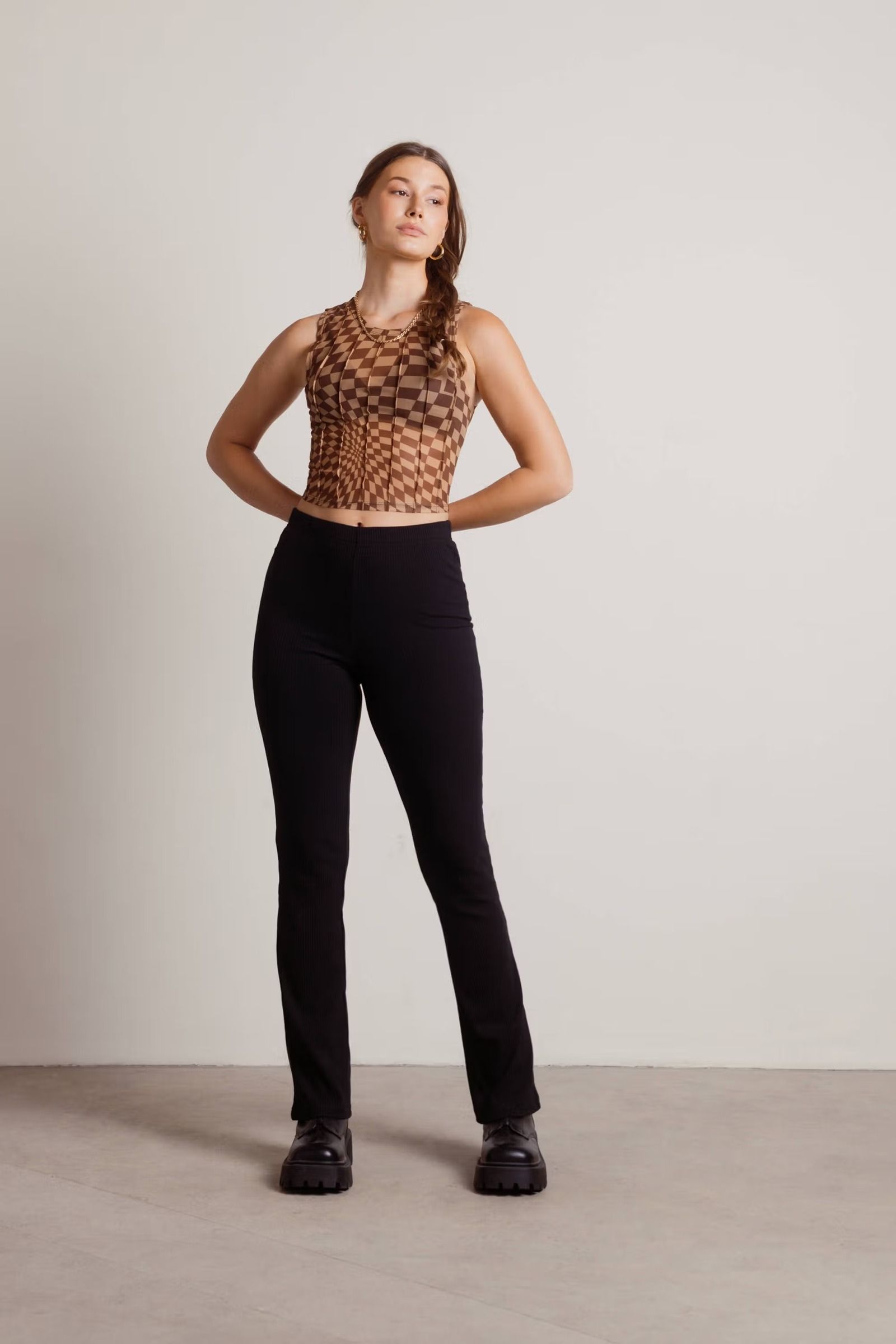 Brown Checkered Tank Top - Sheer Mesh Tank Top - Exposed Seam Top