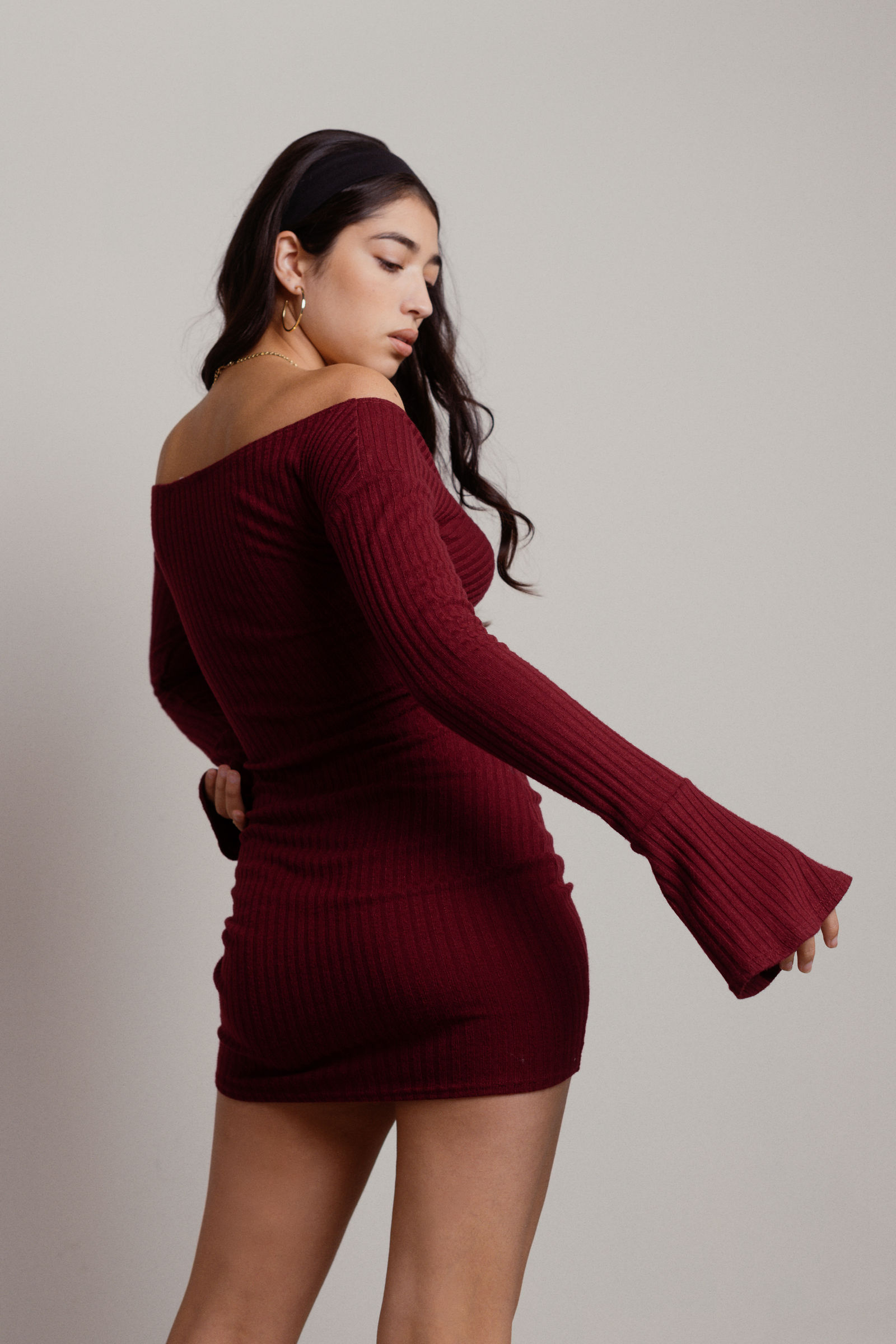 Burgundy Bodycon Dress - Red Flared Sleeve Dress - Ruched Dress