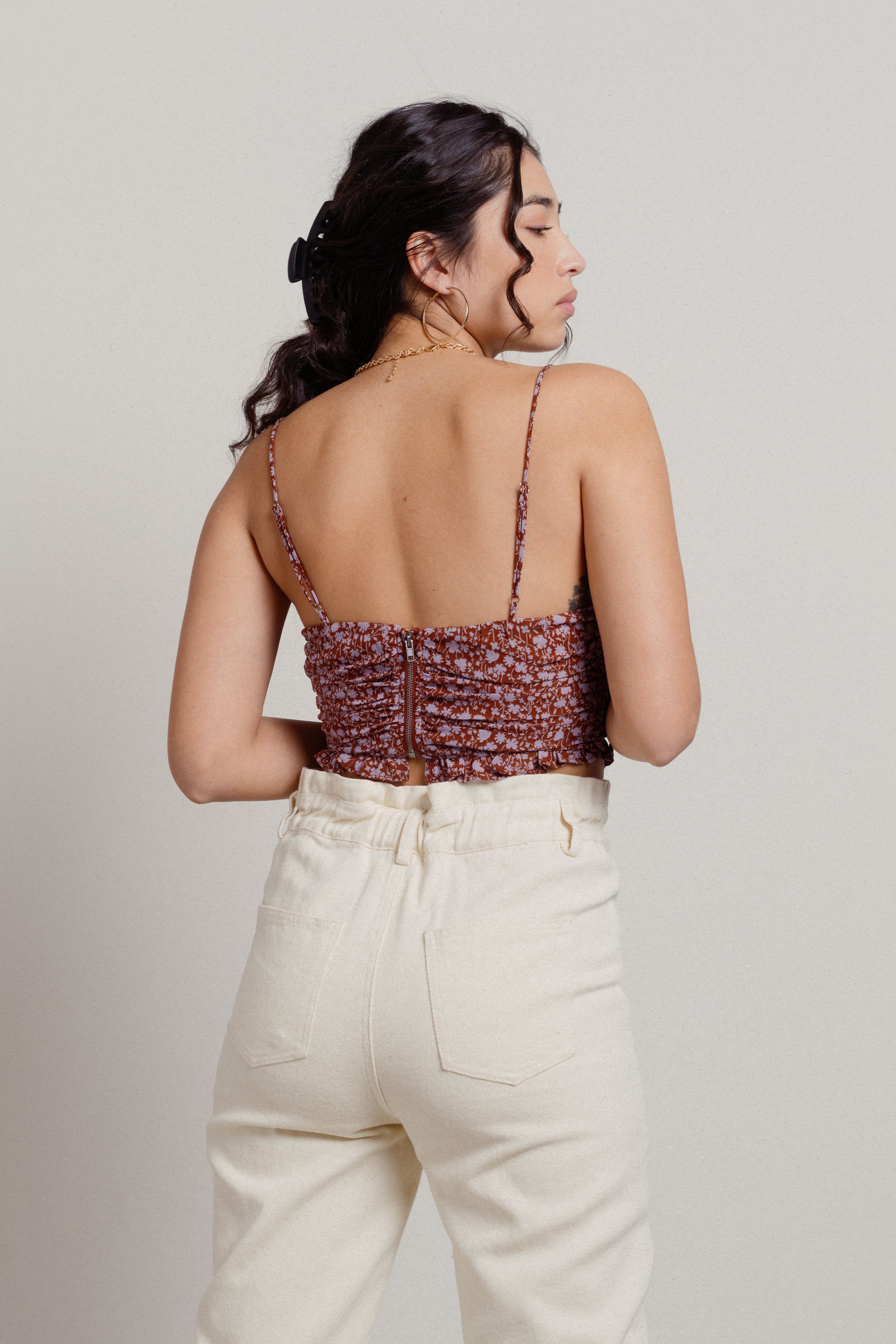 Black Floral Crop Top - Tie Strap Top - Ruffled Crop Top