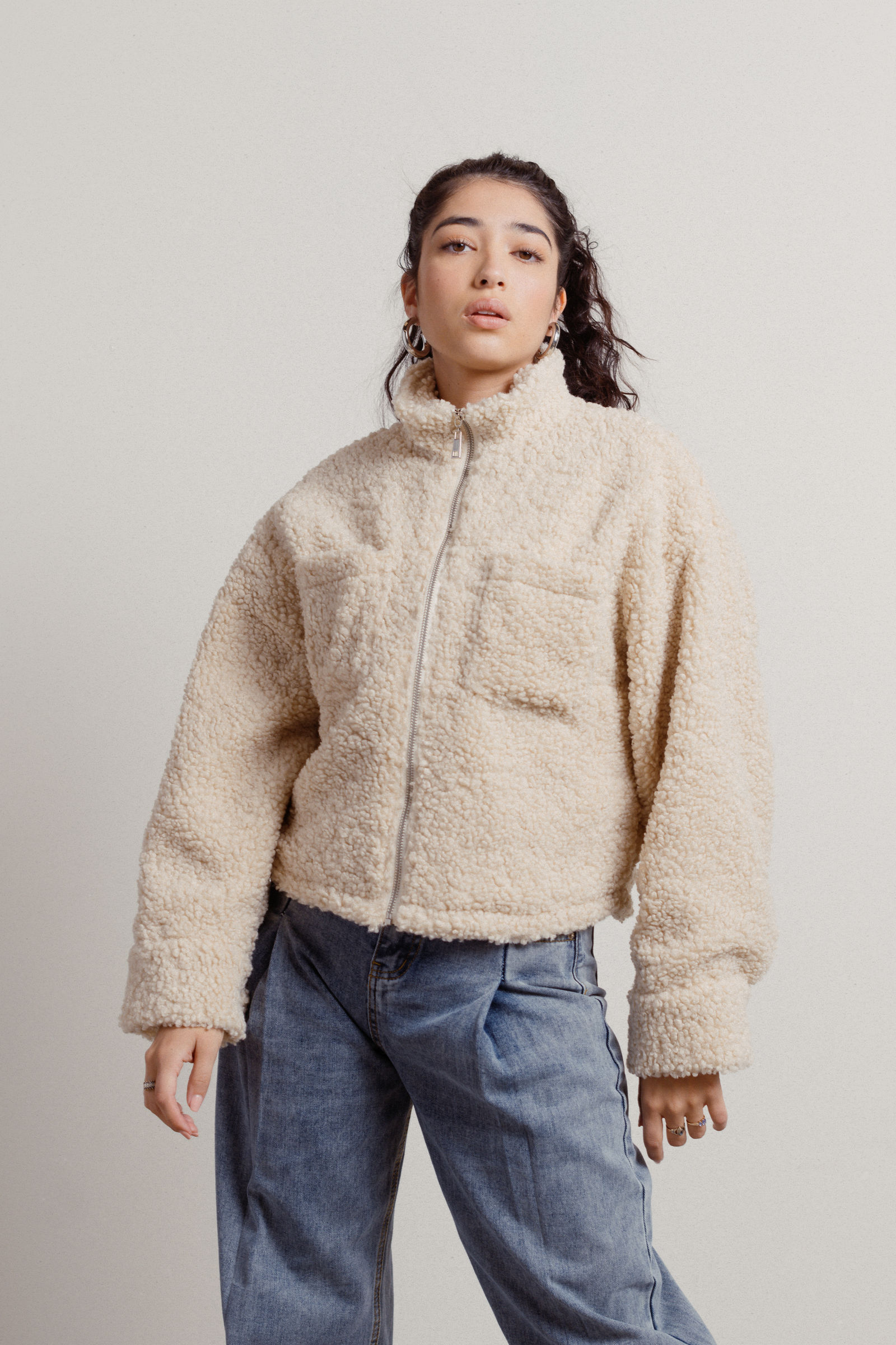 Cream Jacket - High Collar Sherpa Jacket - Cream Sherpa Jacket