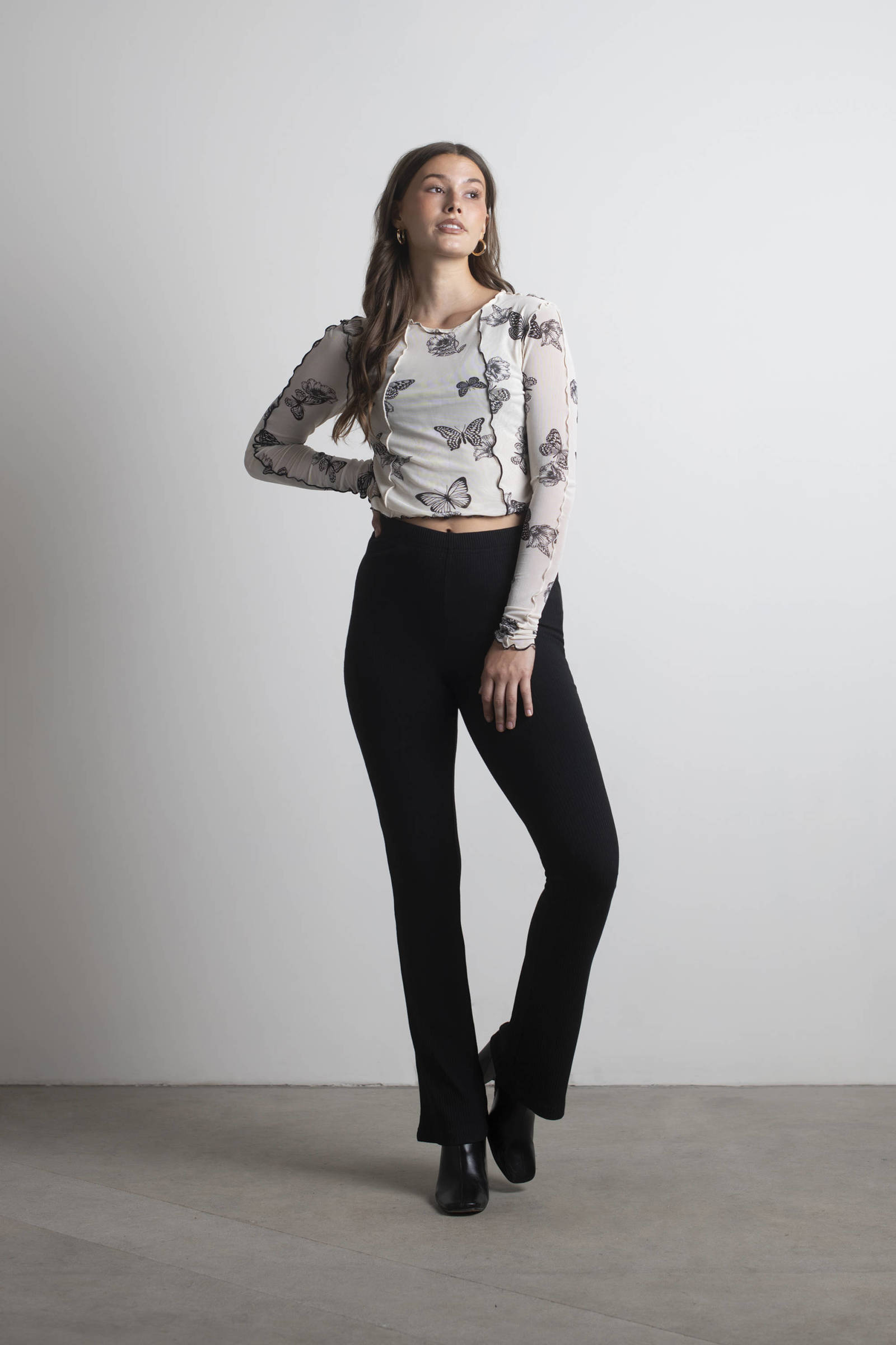 Cream Mesh Top - Butterfly Print Top - Sheer Crop Top