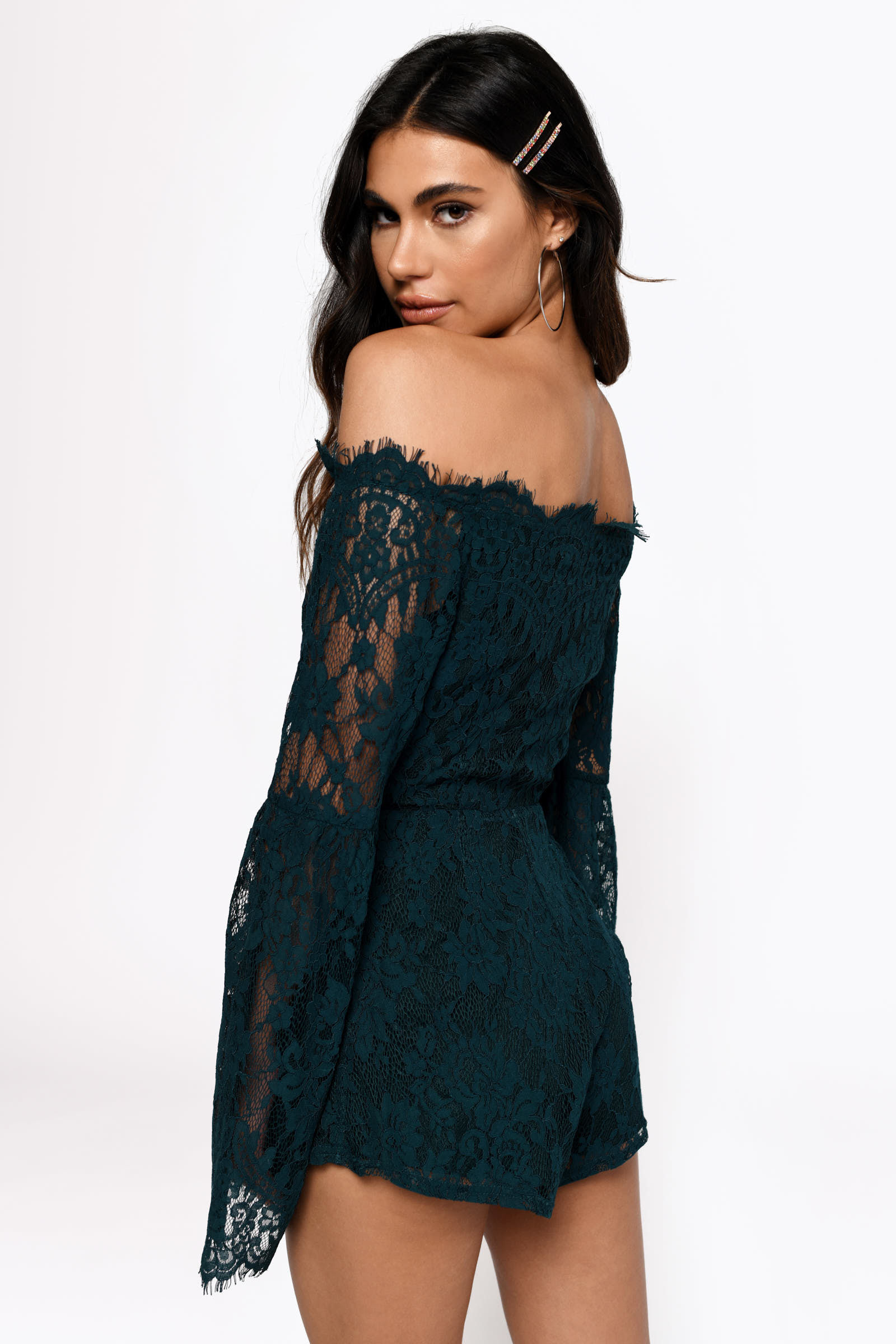 Emerald Lace Romper - Long Sleeve Strapless Romper - Green Deep V Romper