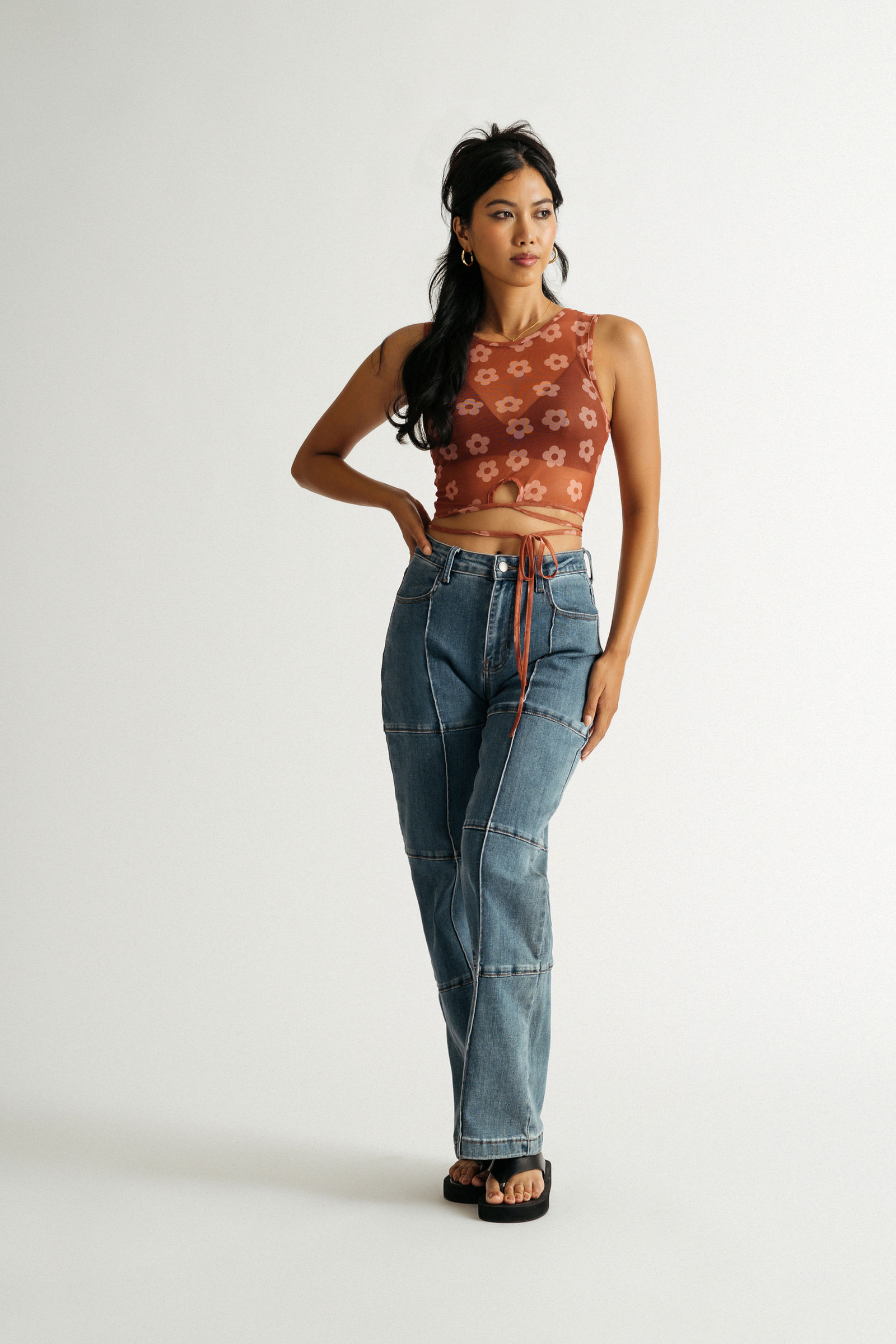 Pink Mesh Top - Waist Tie Crop Top - Flower Print Top