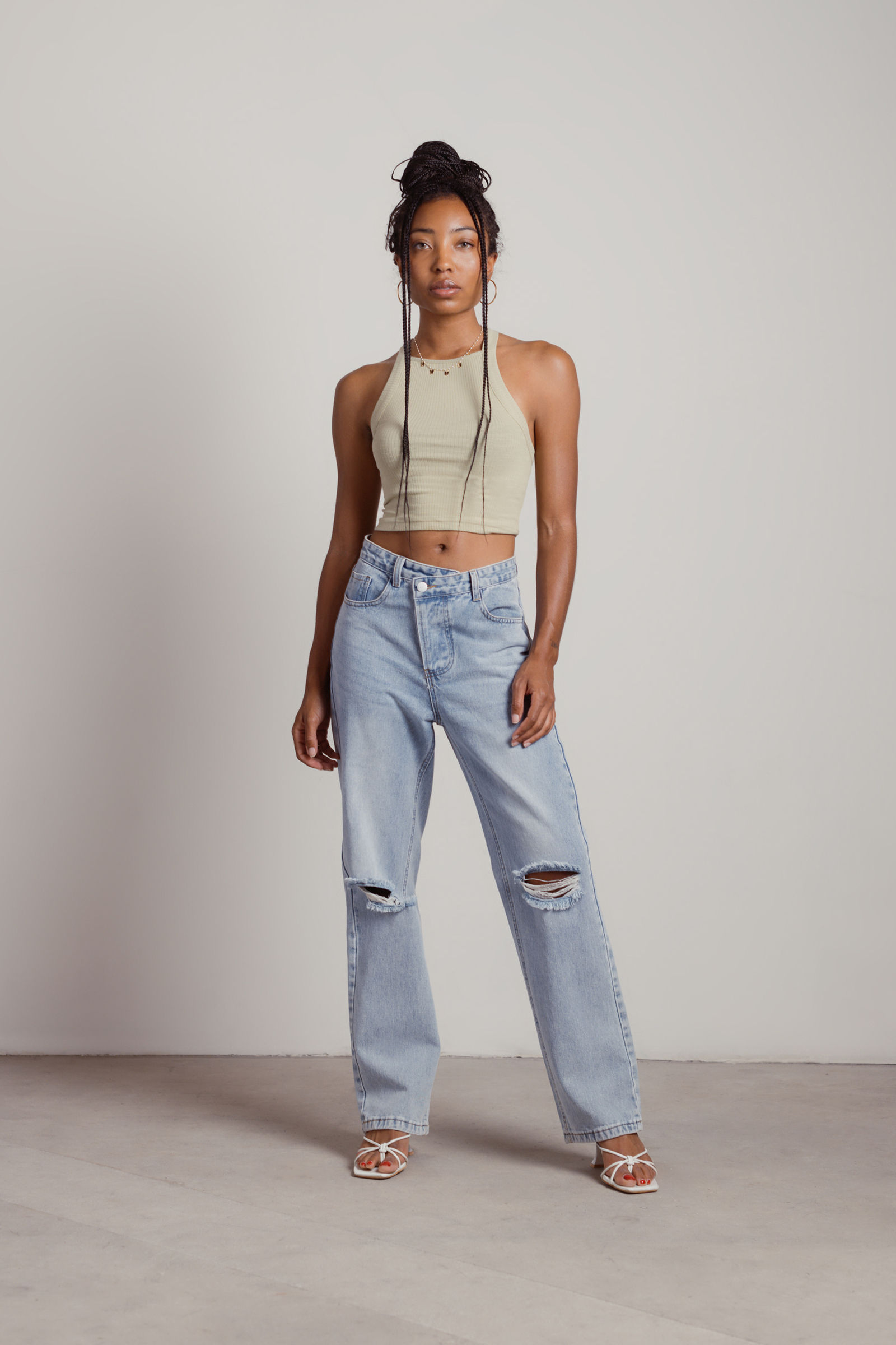 Off White Crop Top - Ribbed Halter Crop Top - High Neck Racerback Crop Top