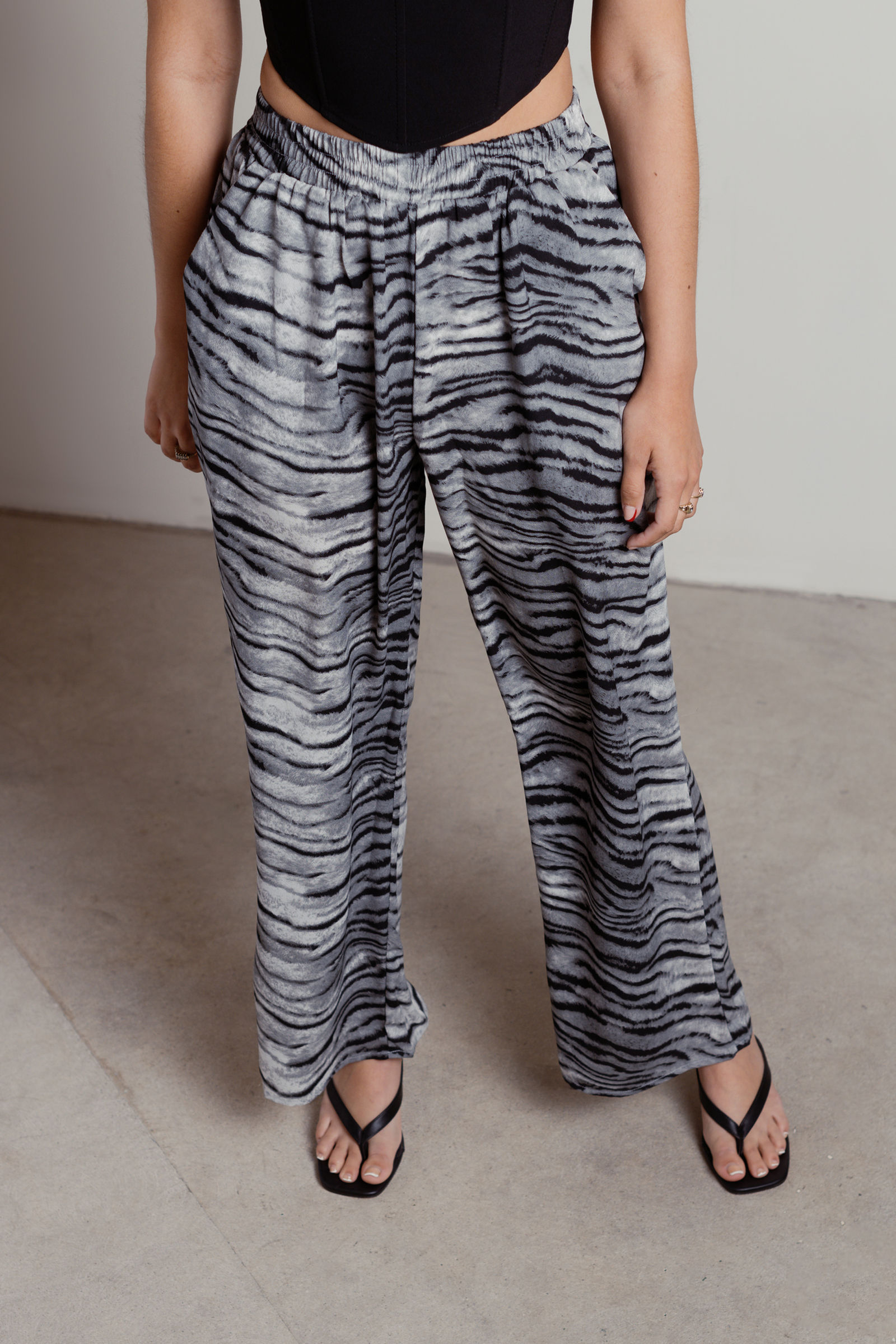 Grey Pants - Tiger Print Pants With Elastic Waistband - Straight Leg Pants
