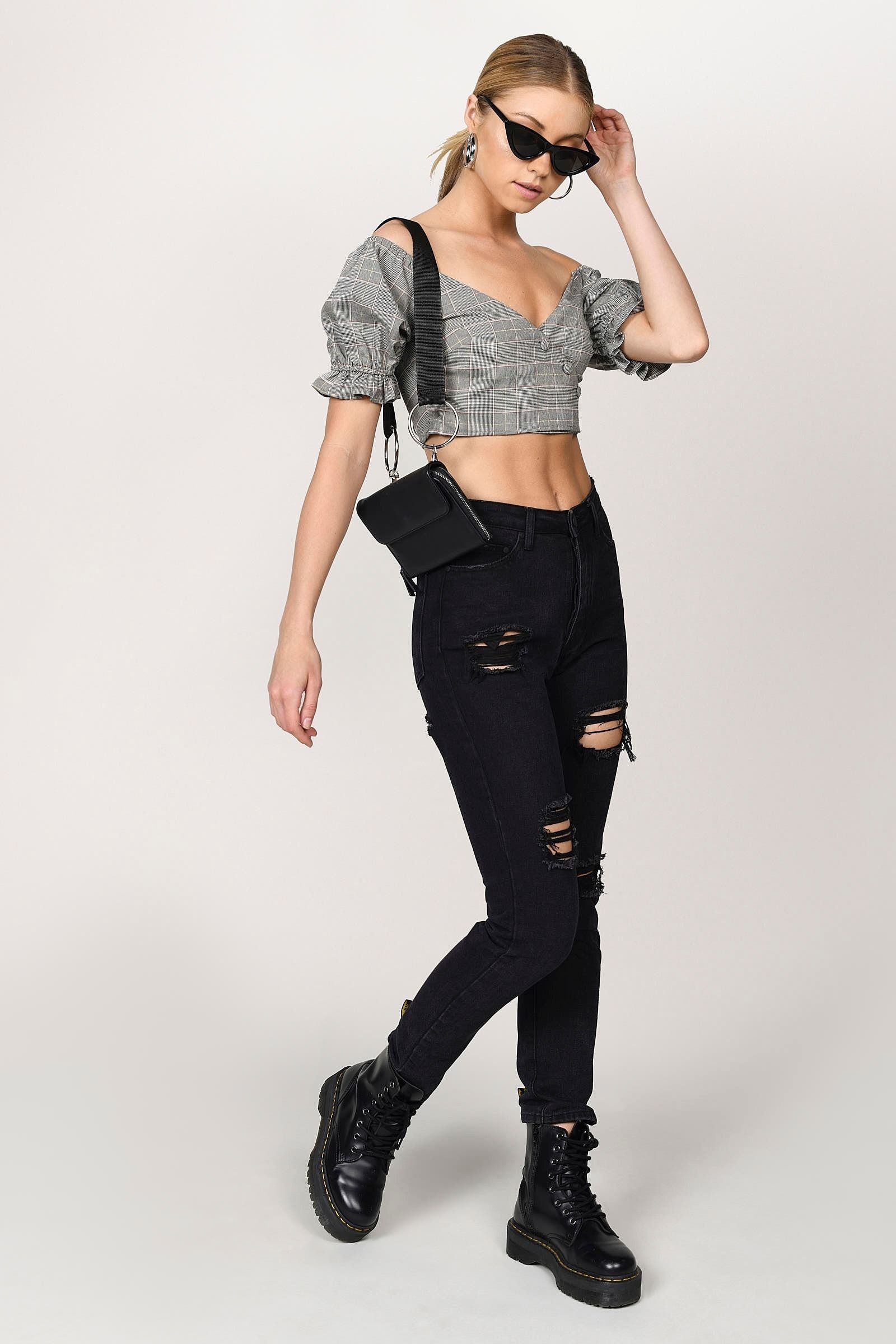 Grey Top - Off Shoulder Top - Grey Plaid Puff Sleeve Blouse