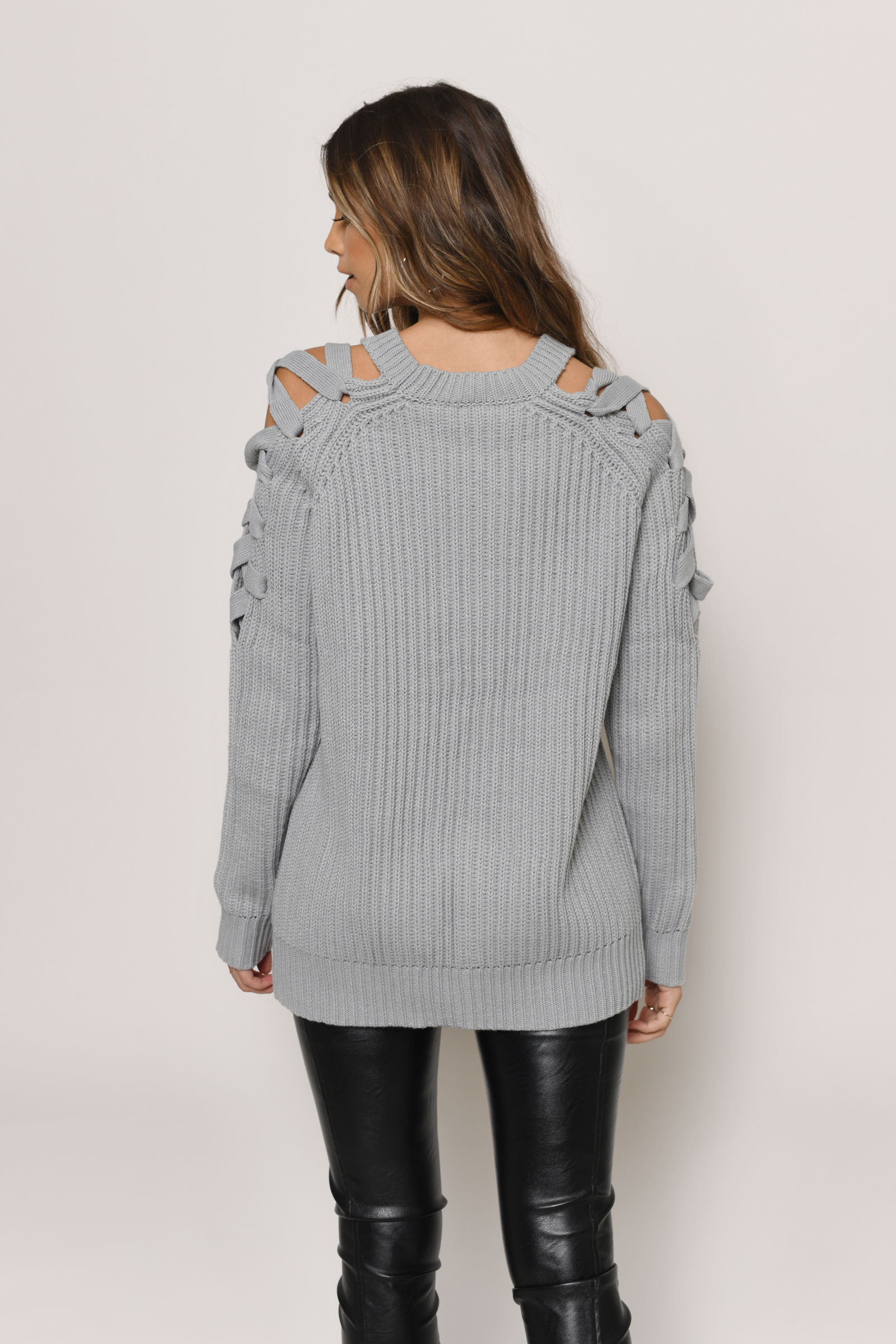 Grey Sweater - Lace Up Shoulder Sweater - Long Sweater With Cutouts