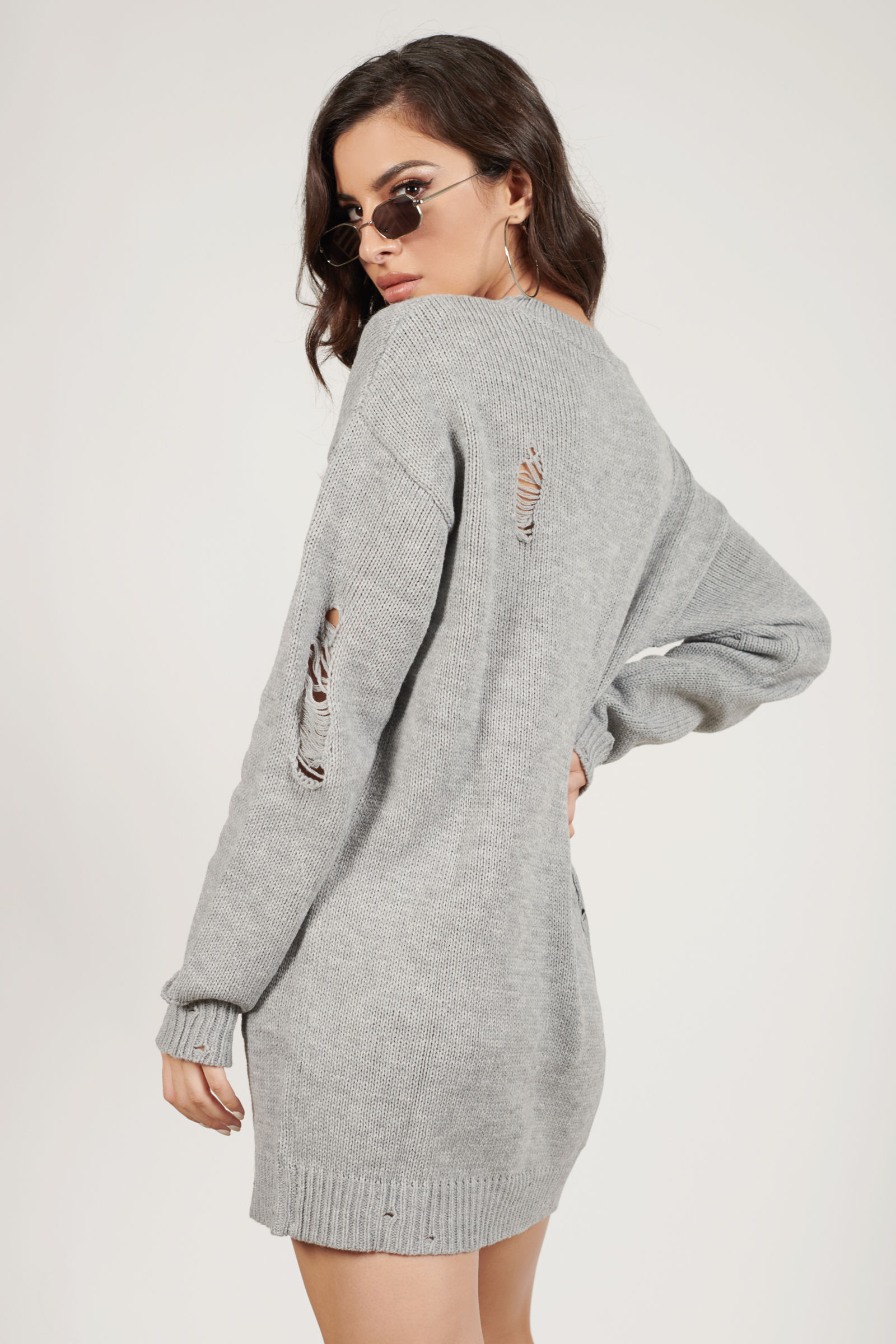 Black Mini Dress - Neckline Sweater Dress - Distressed Sleeve Dress