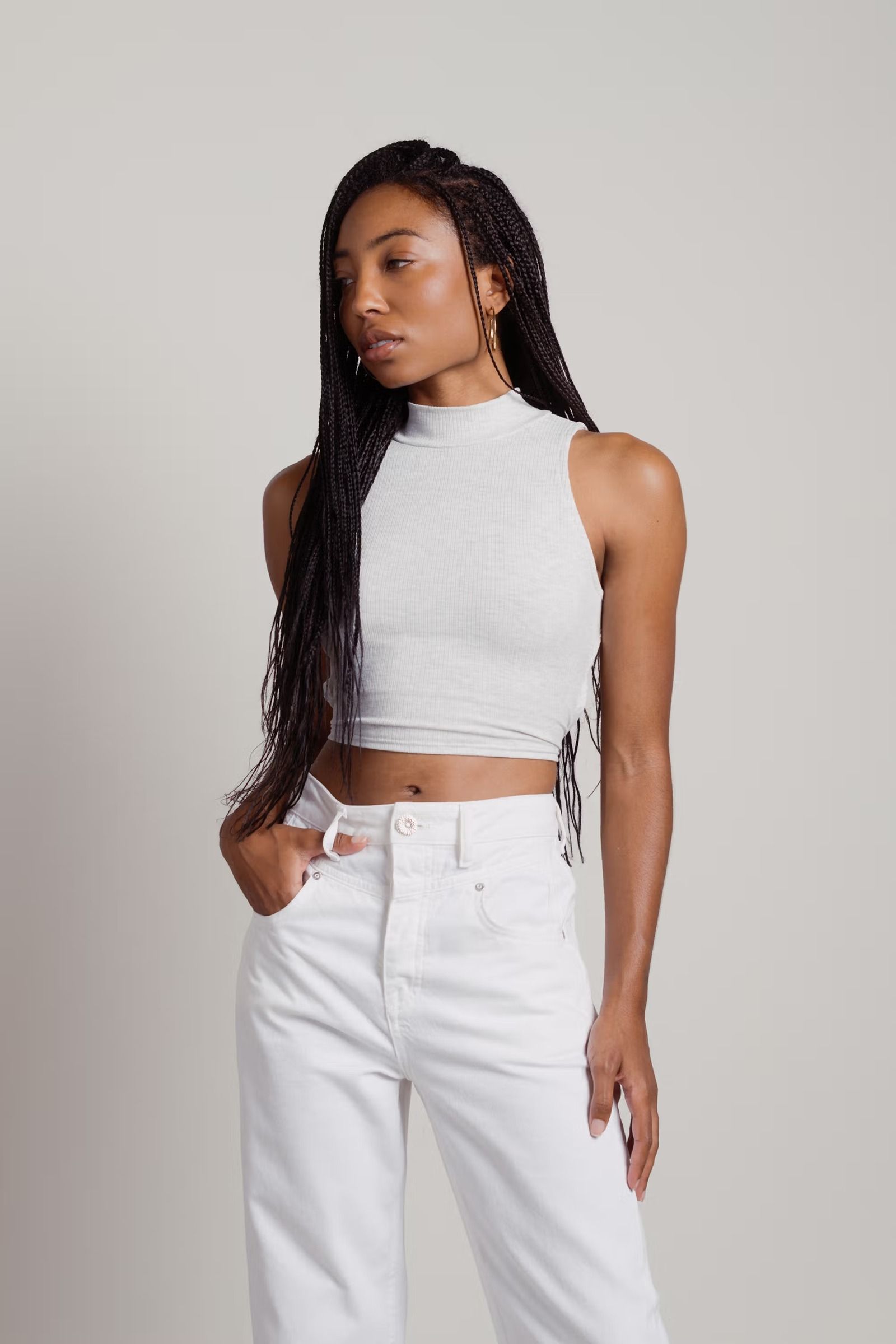 White Crop Top - Open Back Mock Neck Crop Top - Ribbed Back Strap Crop Top
