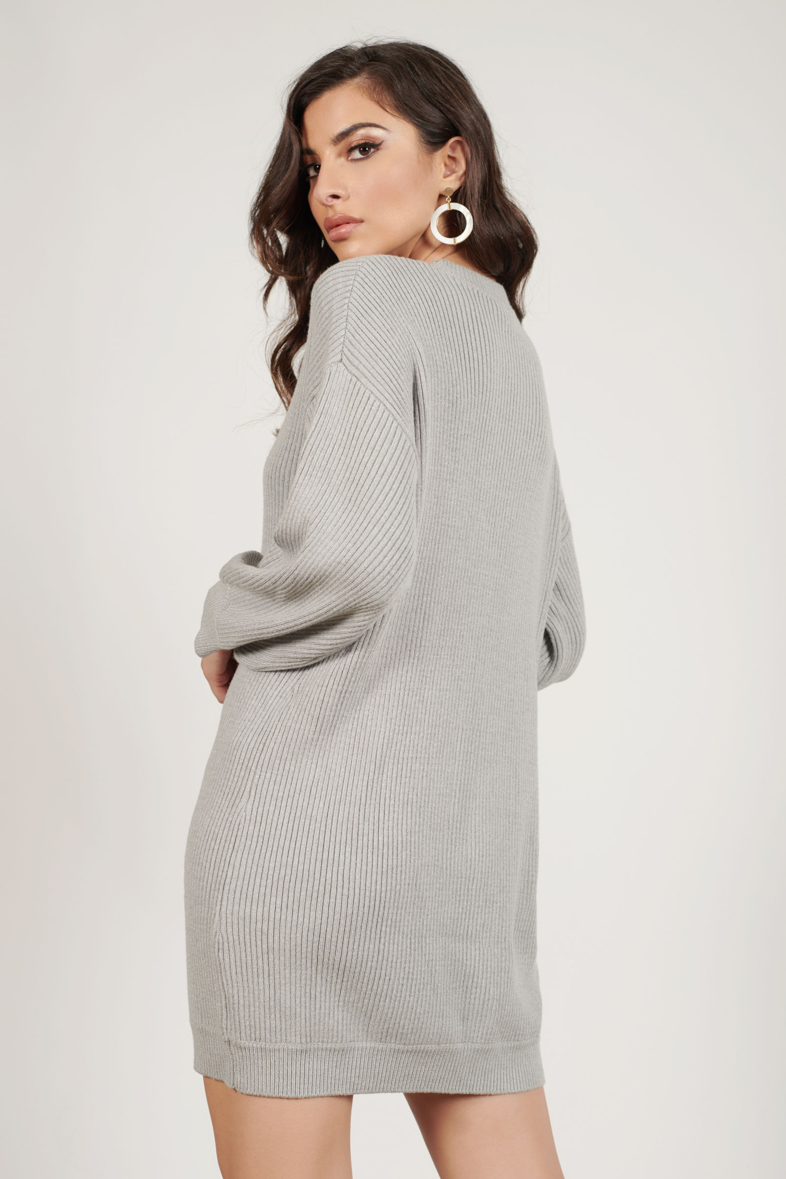 Gray Mini Dress - Crew Neck Sweater Dress - Ribbed Knit Heather Gray Dress