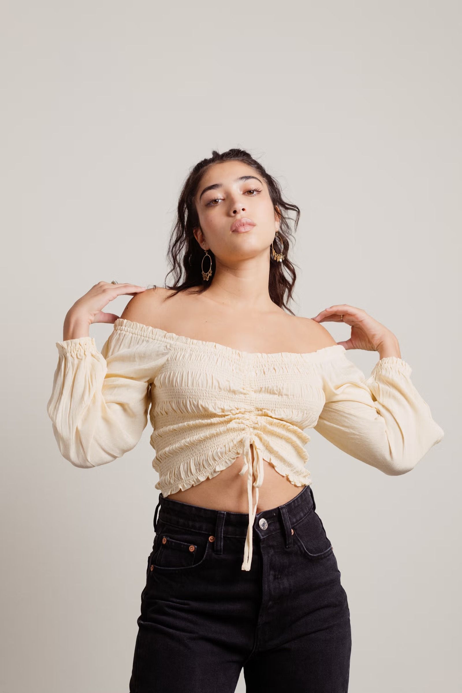 White Crop Top - Ruched Crop Top With Drawstring - Ivory Smocked Crop Top