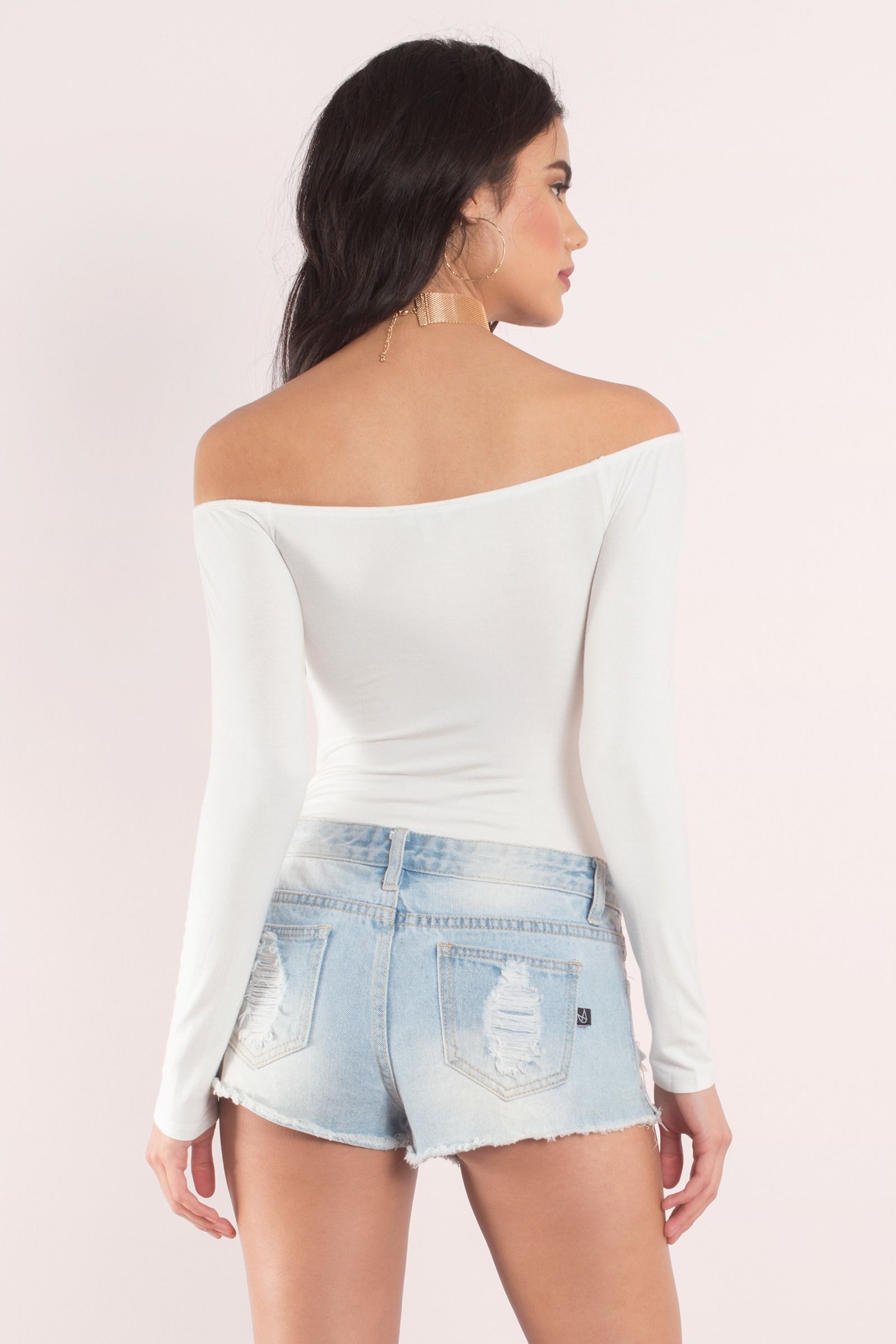 Ivory Off Shoulder Bodysuit - White Long Sleeve Bodysuit - Strapless ...