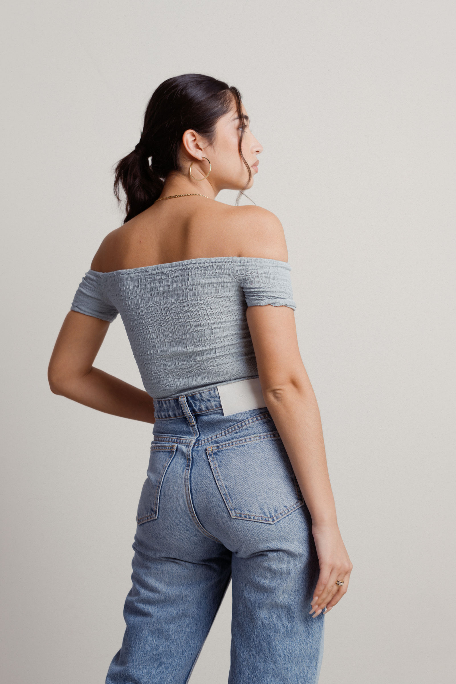 Light Blue Smocked Top - Blue Crop Top - Off Shoulder