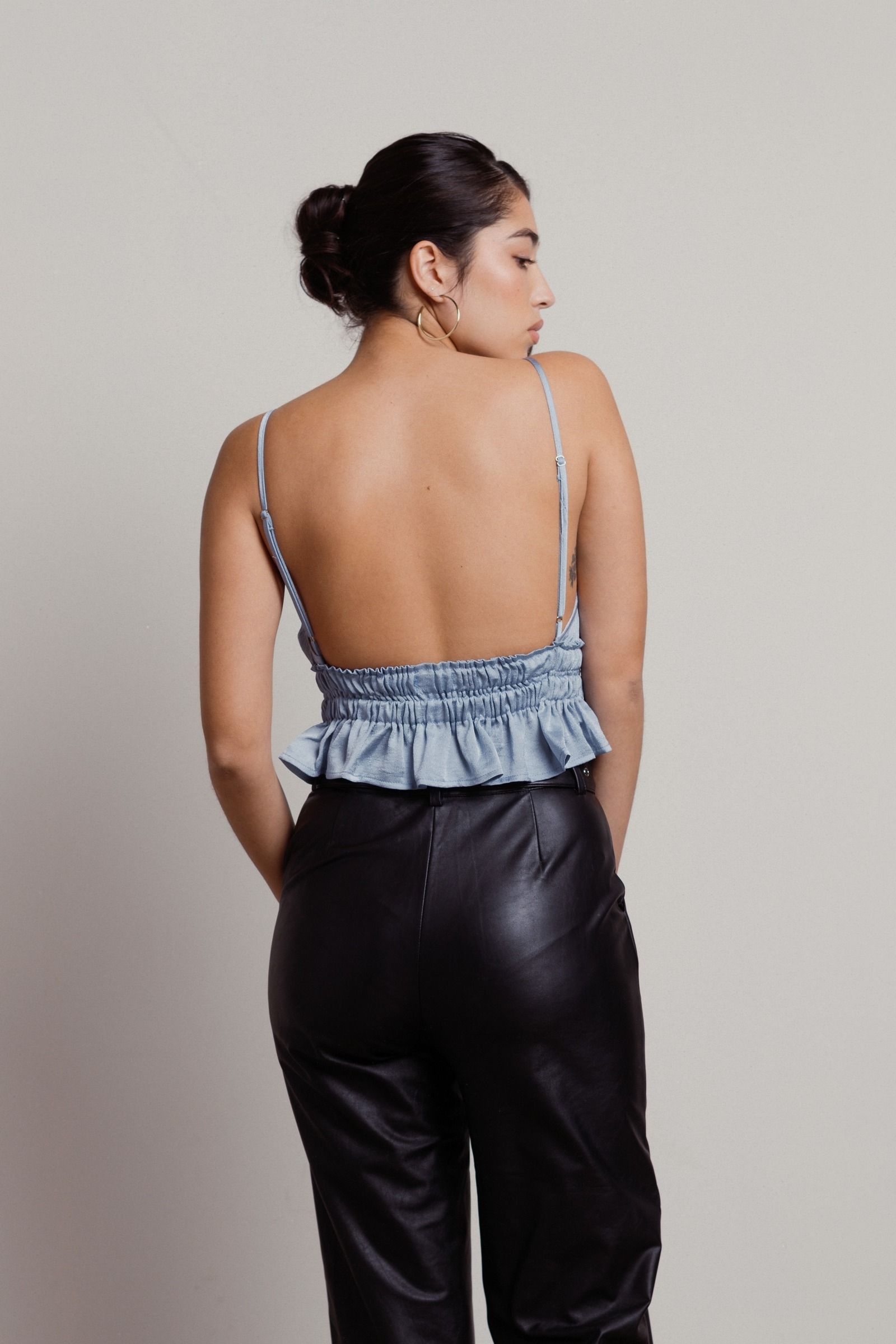 Light Blue Crop Top - Blue Ruffle Top - Satin Crop Top