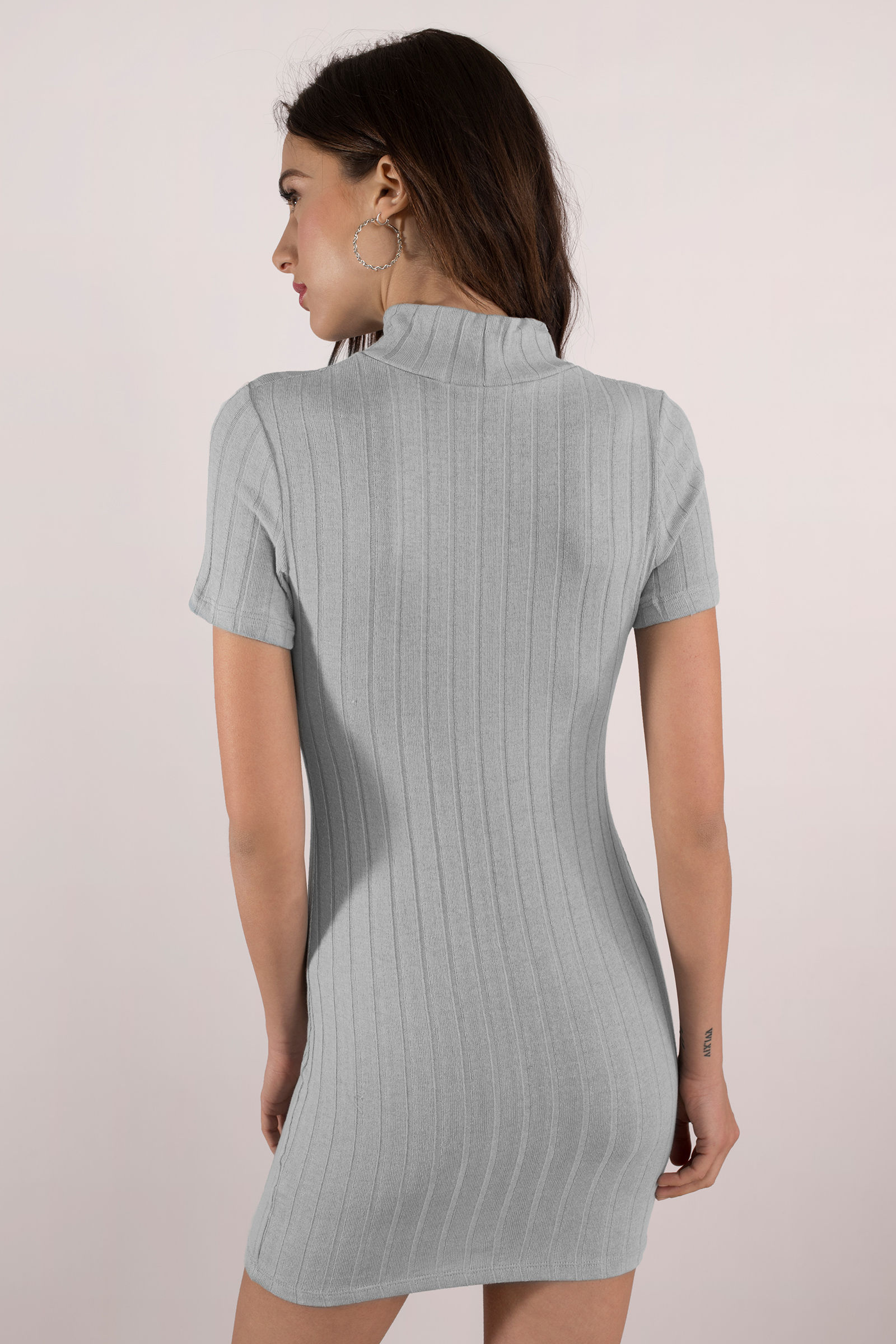 Gray Mini Dress - Sleeves Ribbed Bodycon Dress - Light Gray Mock Neck Dress