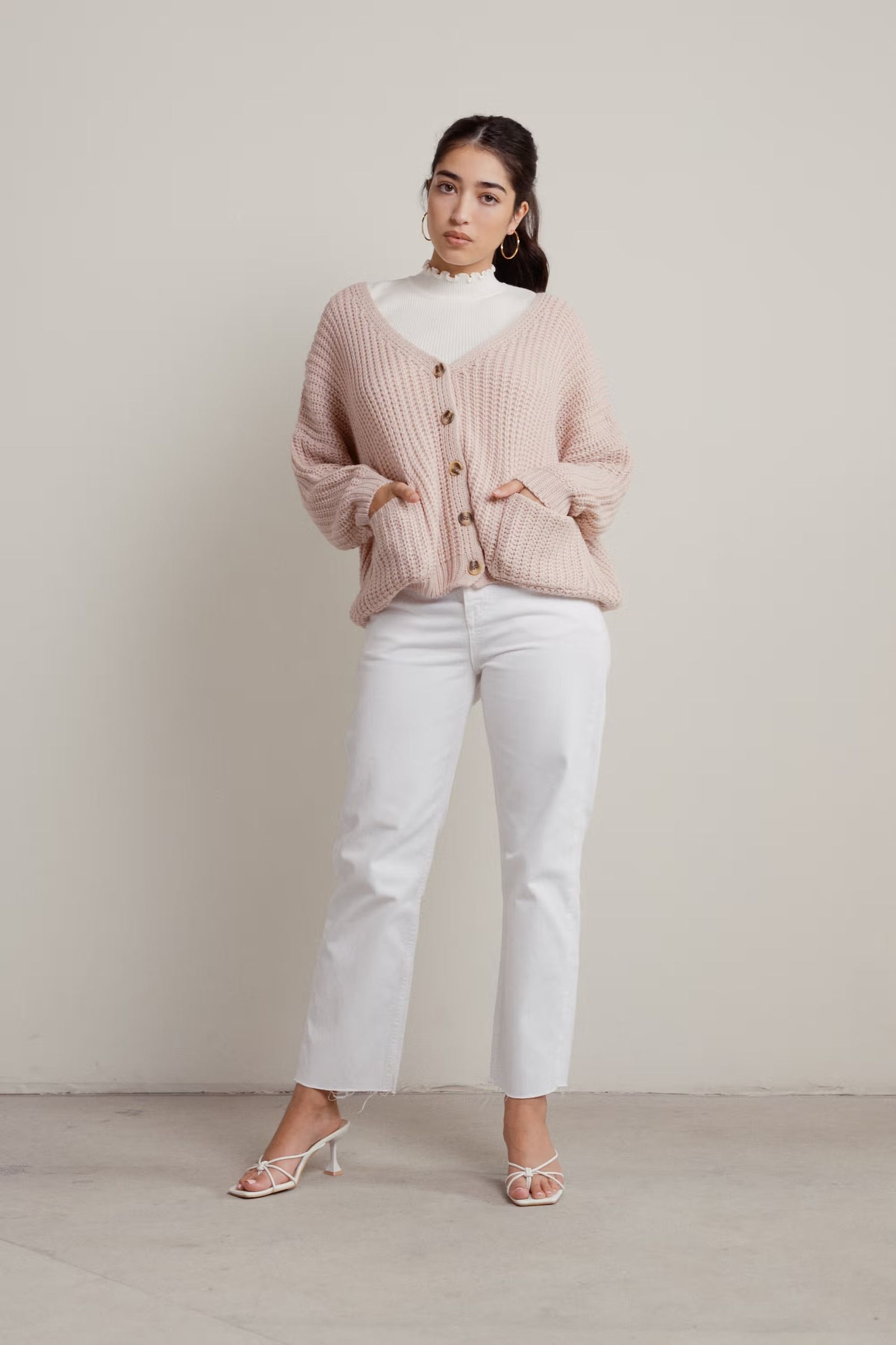 Light Pink Crochet Cardigan - V-Neck Button Sweater - Cardigan with Pockets