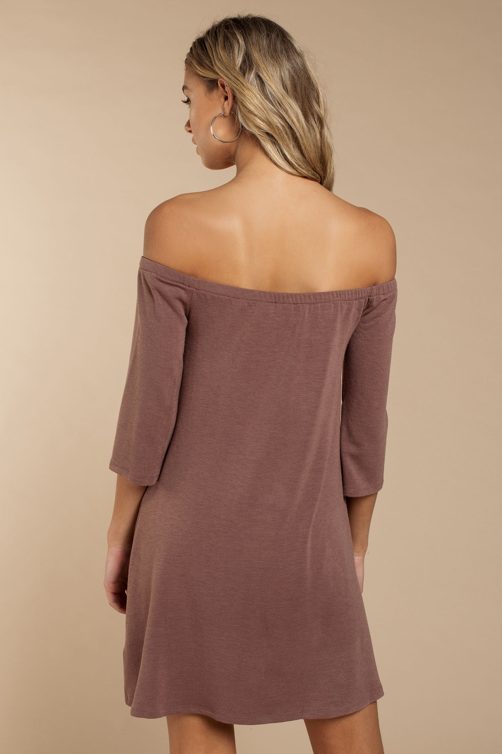 Purple Mini Dress - Off Shoulder Shift Knit Dress - Mauve Bardot Neck Dress