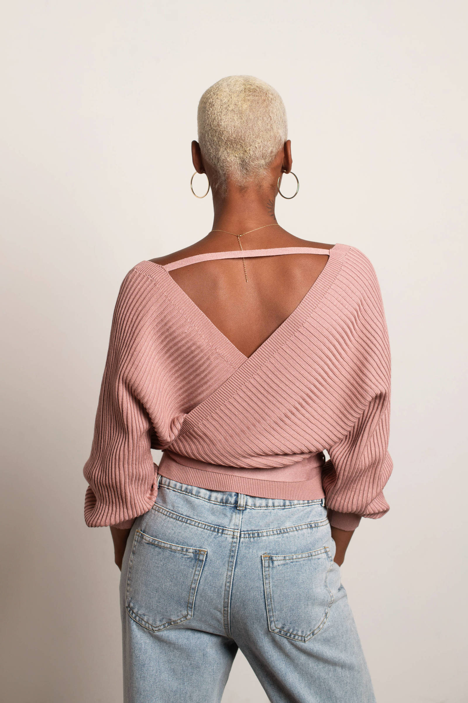 Pink Sweater - Ribbed Wrap Tie Sweater - Light Pink Bardot Neck Sweater